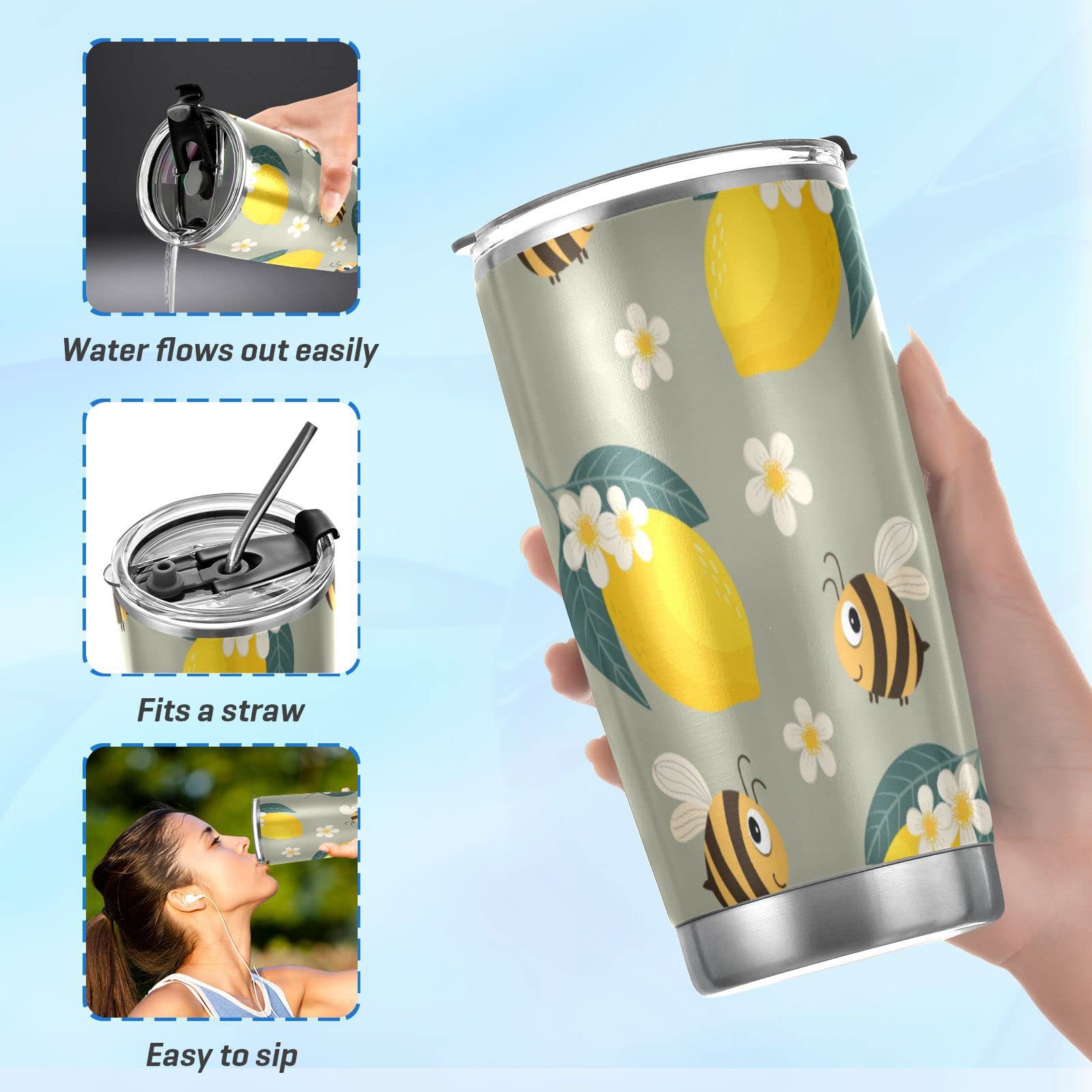 Yasala Tumbler Lemon Bee Flower Fun Insulated Coffee Cup Driver Beverage Container Office Travel Mug with Straw and Lid 20oz Back to School Gift
