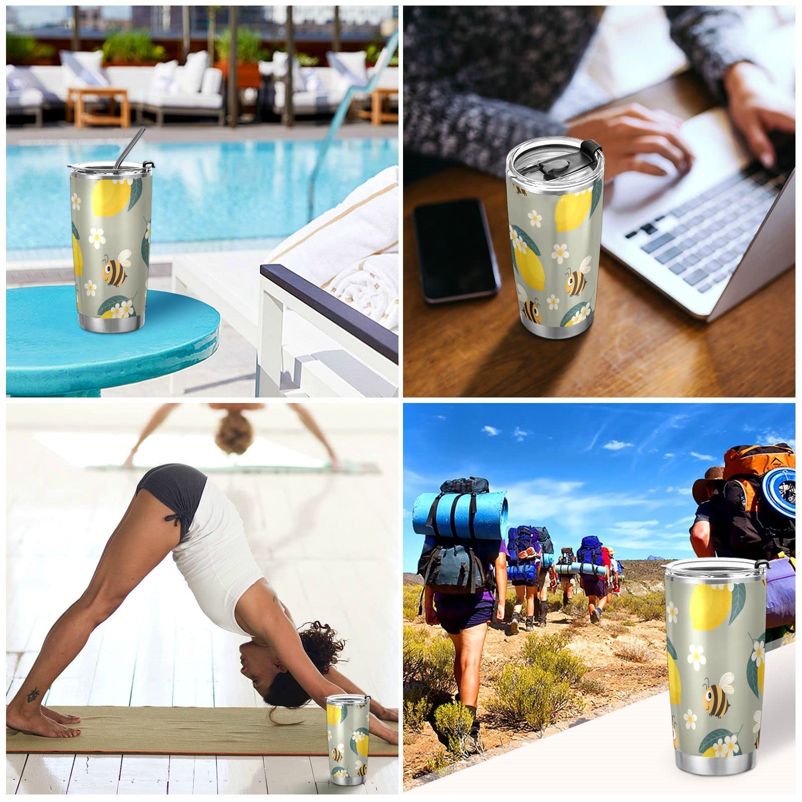 Yasala Tumbler Lemon Bee Flower Fun Insulated Coffee Cup Driver Beverage Container Office Travel Mug with Straw and Lid 20oz Back to School Gift
