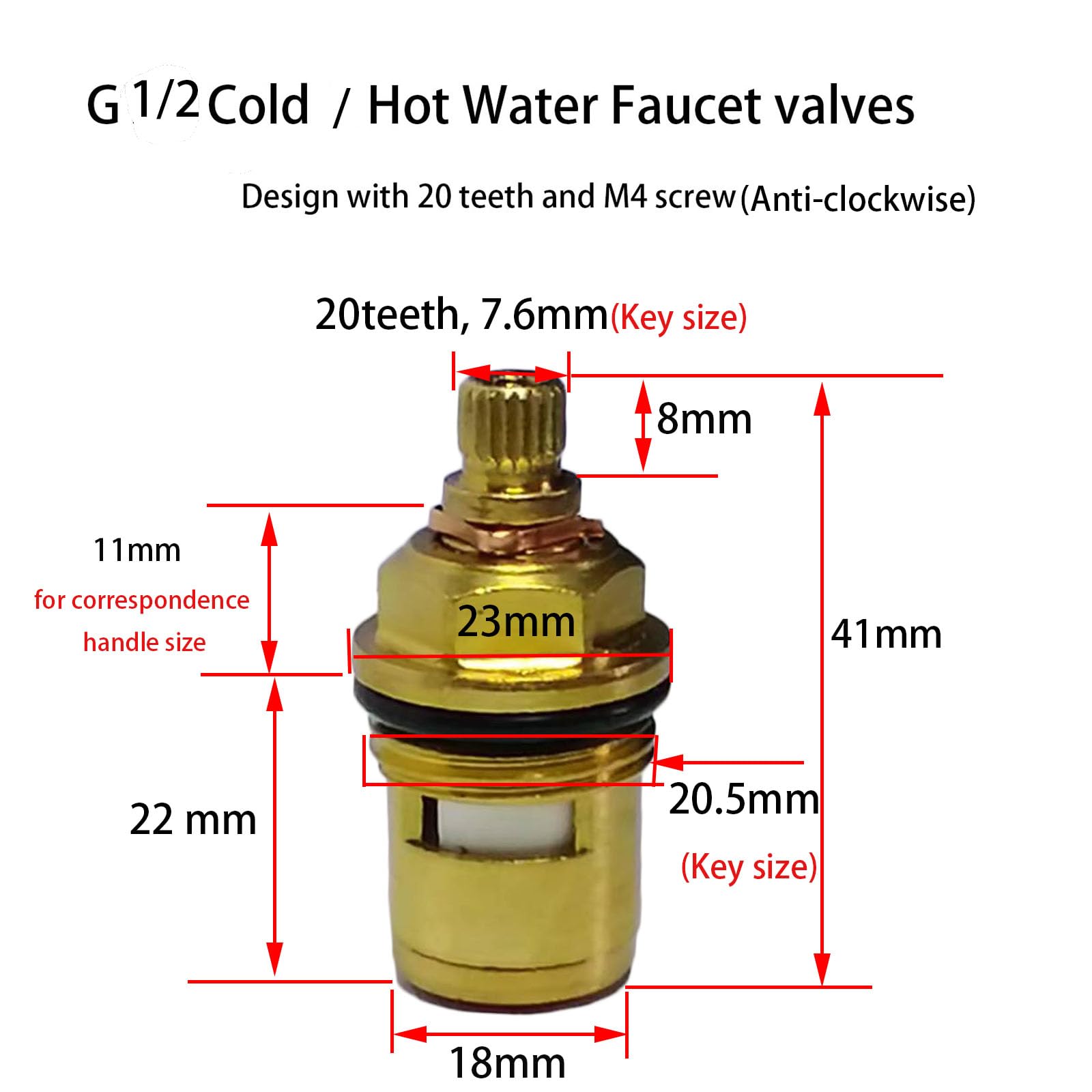 Faucet Cartridge, Brass Ceramic Faucet Stem Disc Cartridge Replacement Quarter Turn G1/2" 41MM Faucet Valves for Bathroom Kitchen Tap (Anti-clockwise)