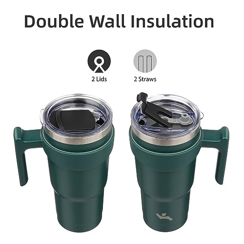 Konokyo 20 oz Tumbler with Handle and 2 Straw 2 Lid, Insulated Water Bottle Stainless Steel Vacuum Cup Reusable Travel Mug,Army Green