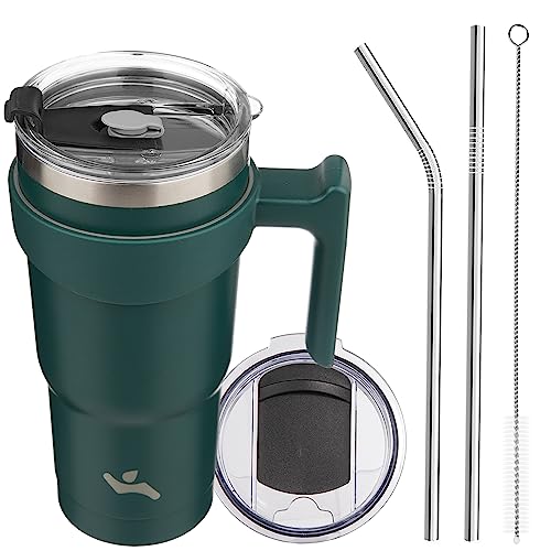 Konokyo 20 oz Tumbler with Handle and 2 Straw 2 Lid, Insulated Water Bottle Stainless Steel Vacuum Cup Reusable Travel Mug,Army Green