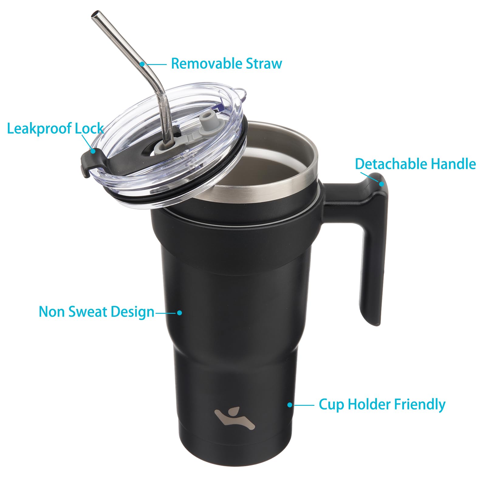 Konokyo 20 oz Tumbler with Handle and 2 Straw 2 Lid, Insulated Water Bottle Stainless Steel Vacuum Cup Reusable Travel Mug,Black