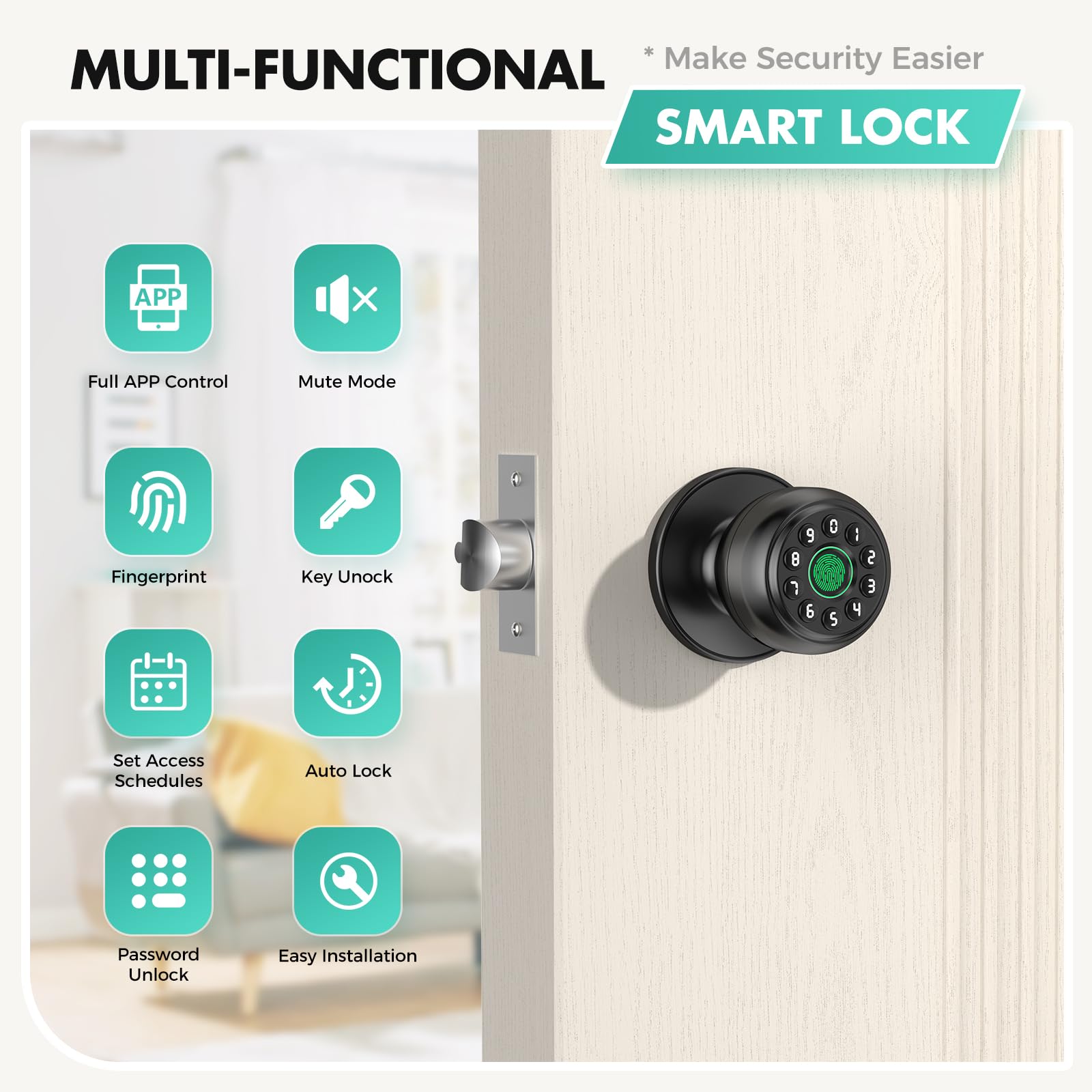 Fingerprint Door Lock,Fingerprint and Keypad Input Smart Door knob, App Controlled Biometric Door Lock, Keyless Entry, Bedroom, Office, Hotel, Apartment Auto Door knob(Matte Black)
