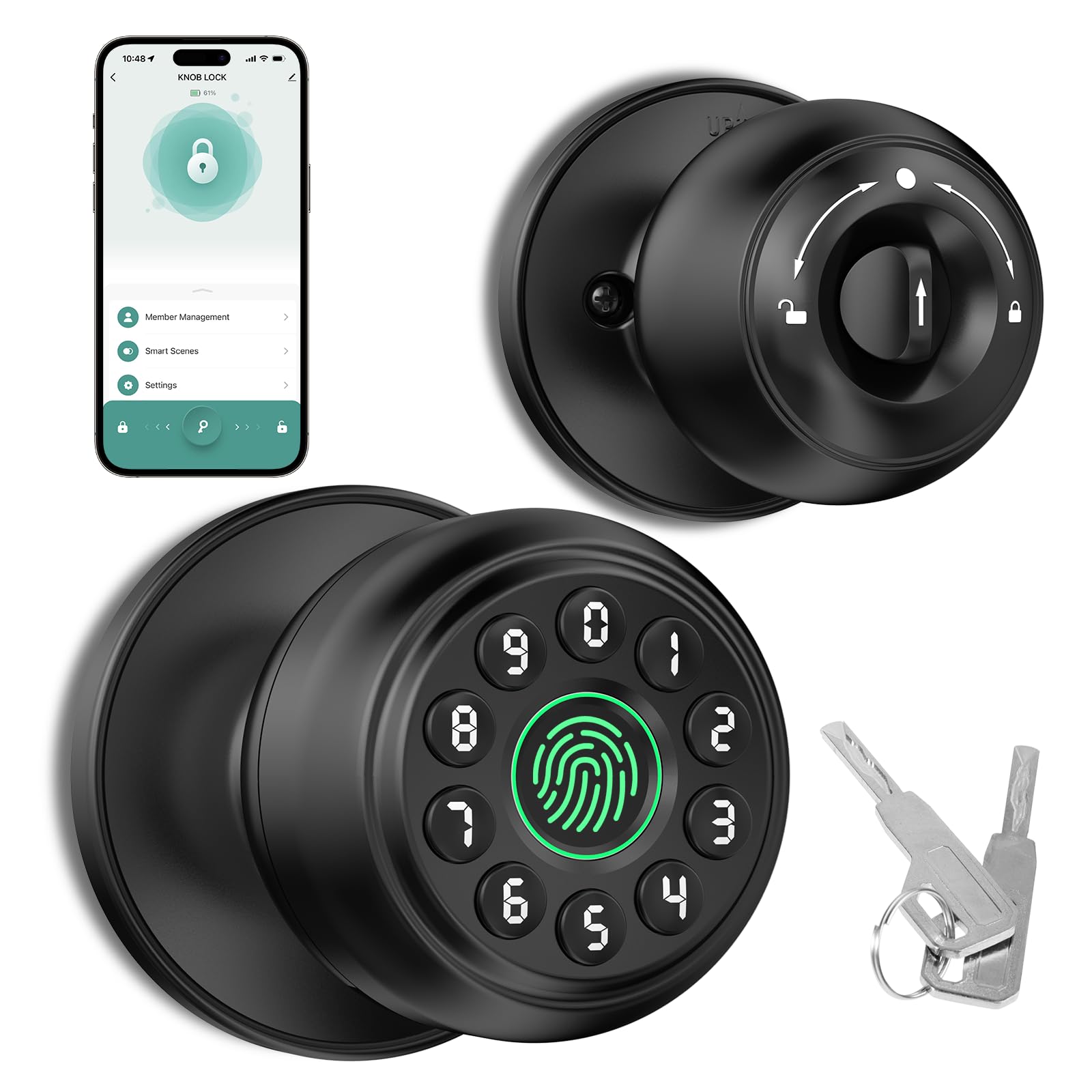 Fingerprint Door Lock,Fingerprint and Keypad Input Smart Door knob, App Controlled Biometric Door Lock, Keyless Entry, Bedroom, Office, Hotel, Apartment Auto Door knob(Matte Black)