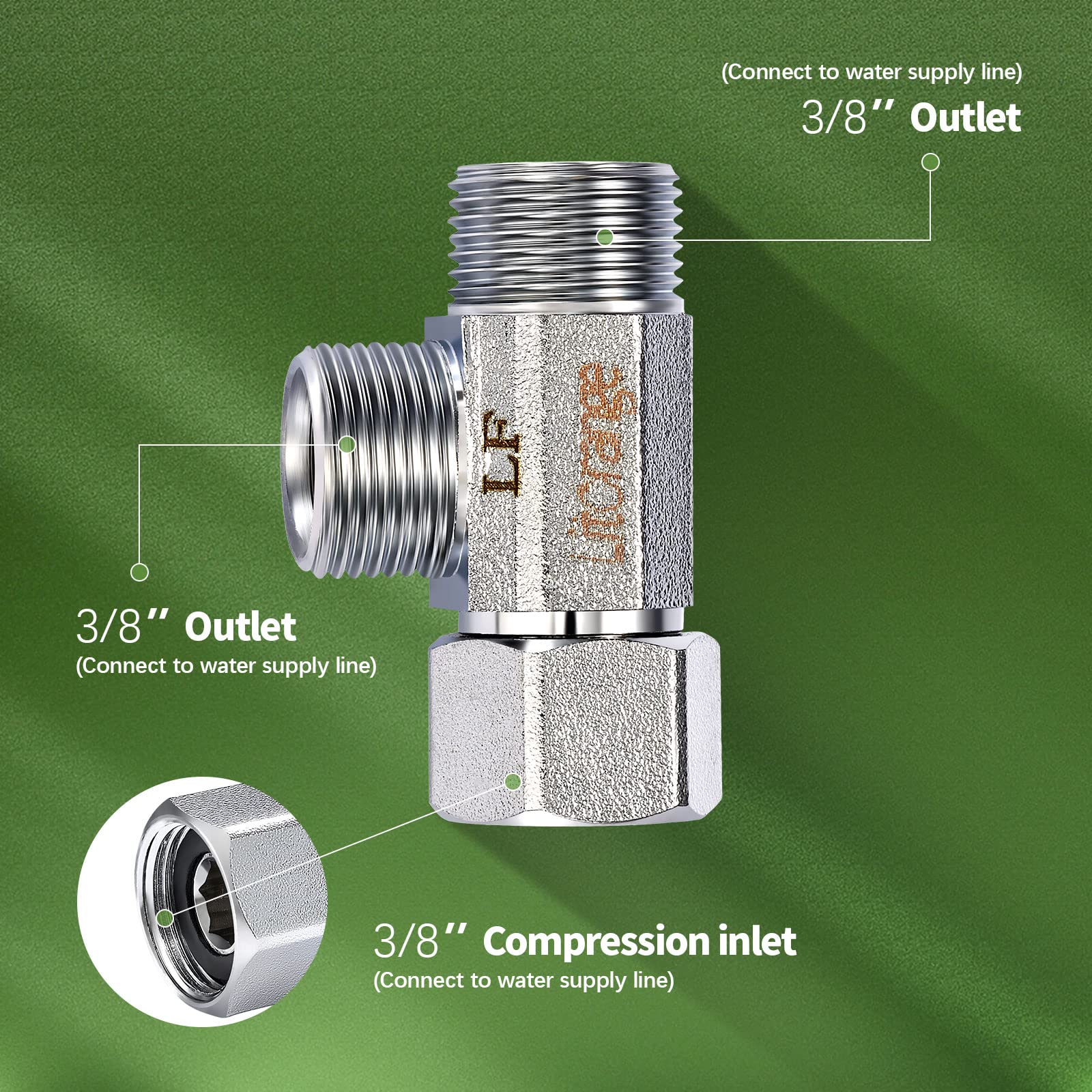Litorange Lead-Free Brass 2 PCS Brass Angle Stop Add-A-Tee Valve 3/8" Compression Inlet by 3/8" Compression Outlet by 3/8 Inch Compression Outlet Easy Connect Tee