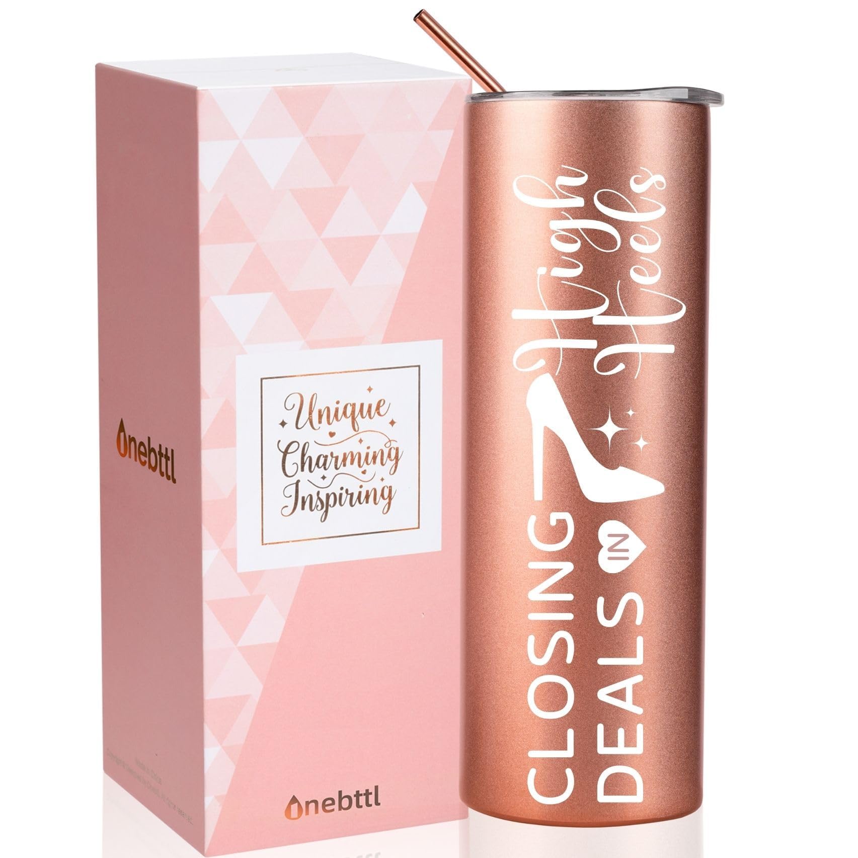 Onebttl Realtor Gifts for Women, Clossing Deals In High Heels, Funny Gifts for Real Estate Agent, Salesman, Boss, Coworkers, Employees, 20 Oz Stainless Steel Tumbler, Rose Gold