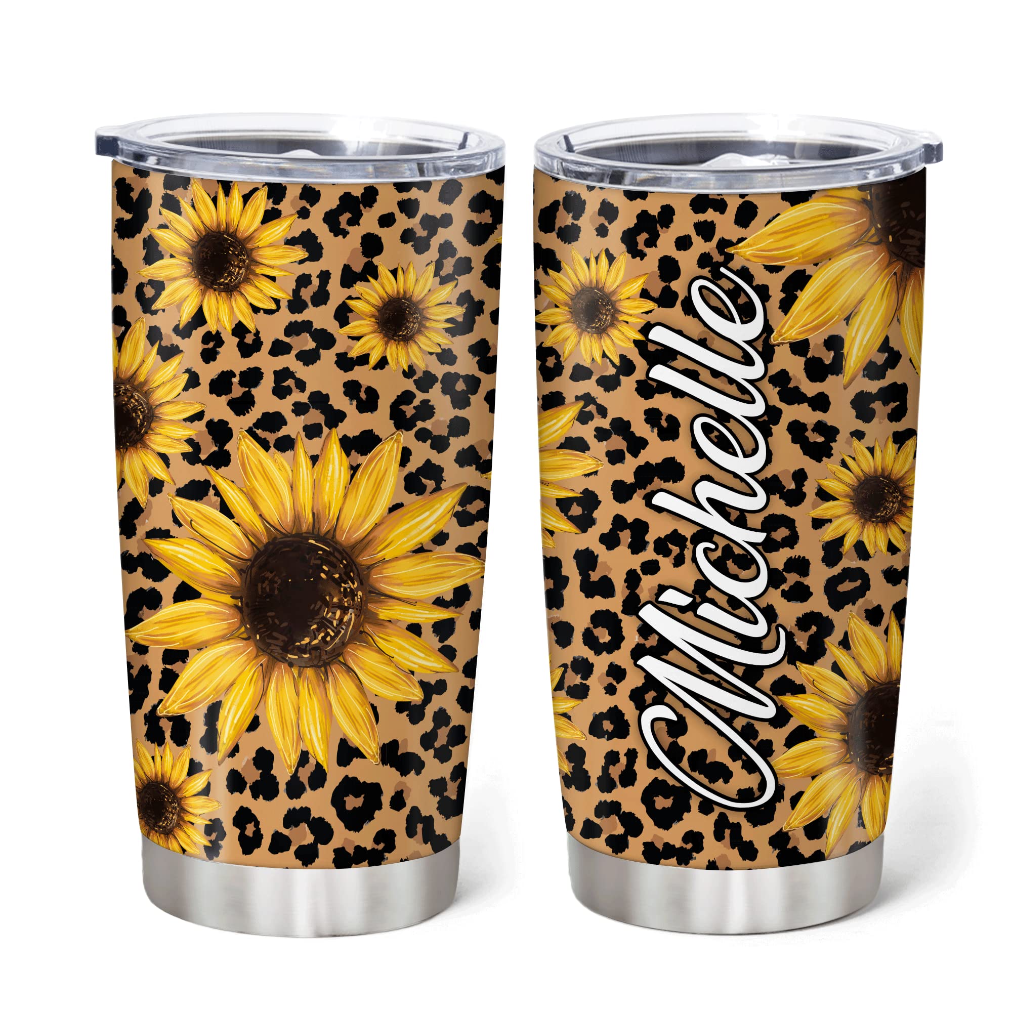 Hyturtle Personalized Gifts For Sunflower Lover - Sunflower Leopard Prints Custom Name Stainless Steel Tumbler 20oz With Lid - Idea Floral Lover Gifts For Women Girl On Birthday, Christmas