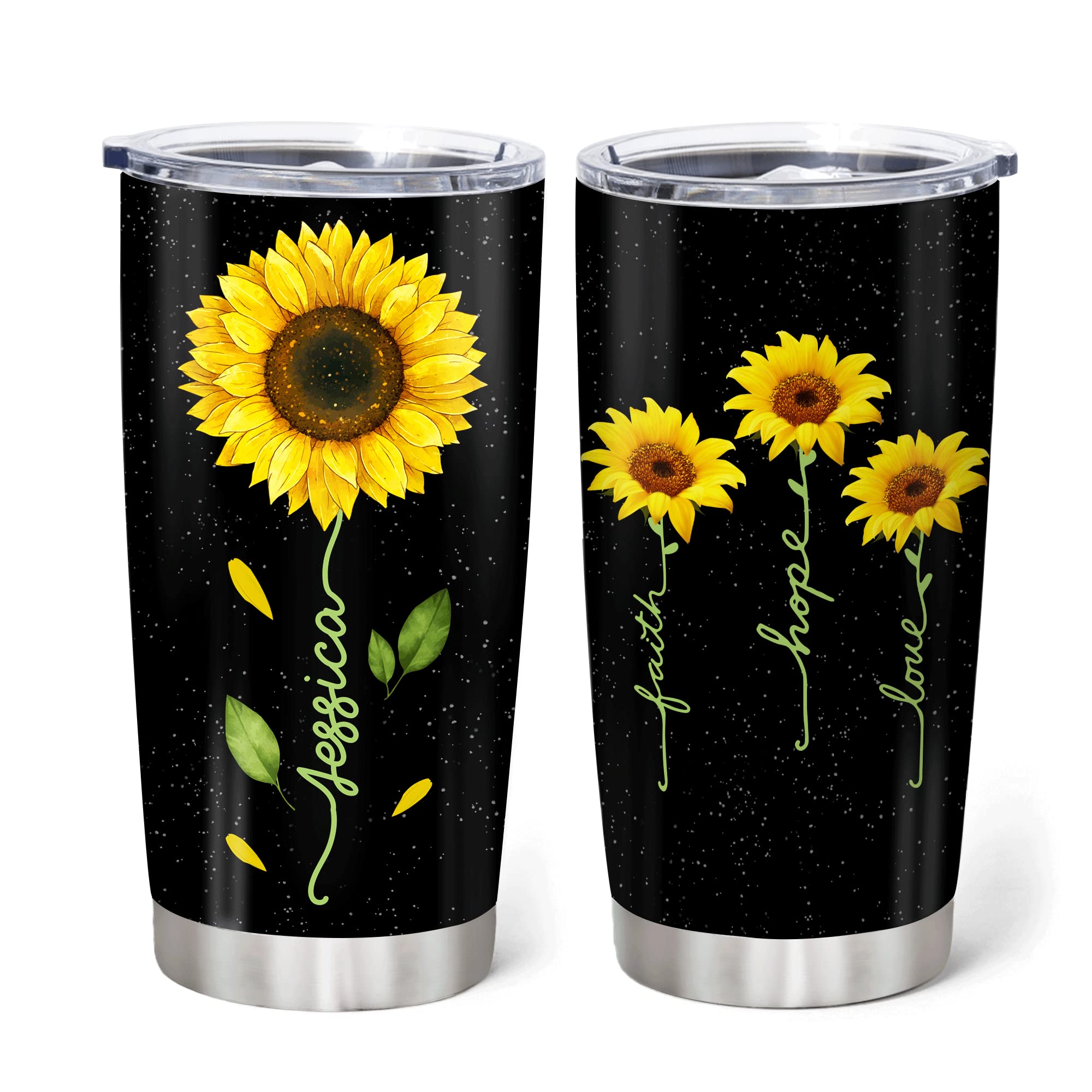 Hyturtle Personalized Gifts For Sunflower Lover - Faith Hope Love Sunflower Custom Name Stainless Steel Tumbler 20oz With Lid - Idea Floral Lover Gifts For Women Girl On Birthday, Christmas