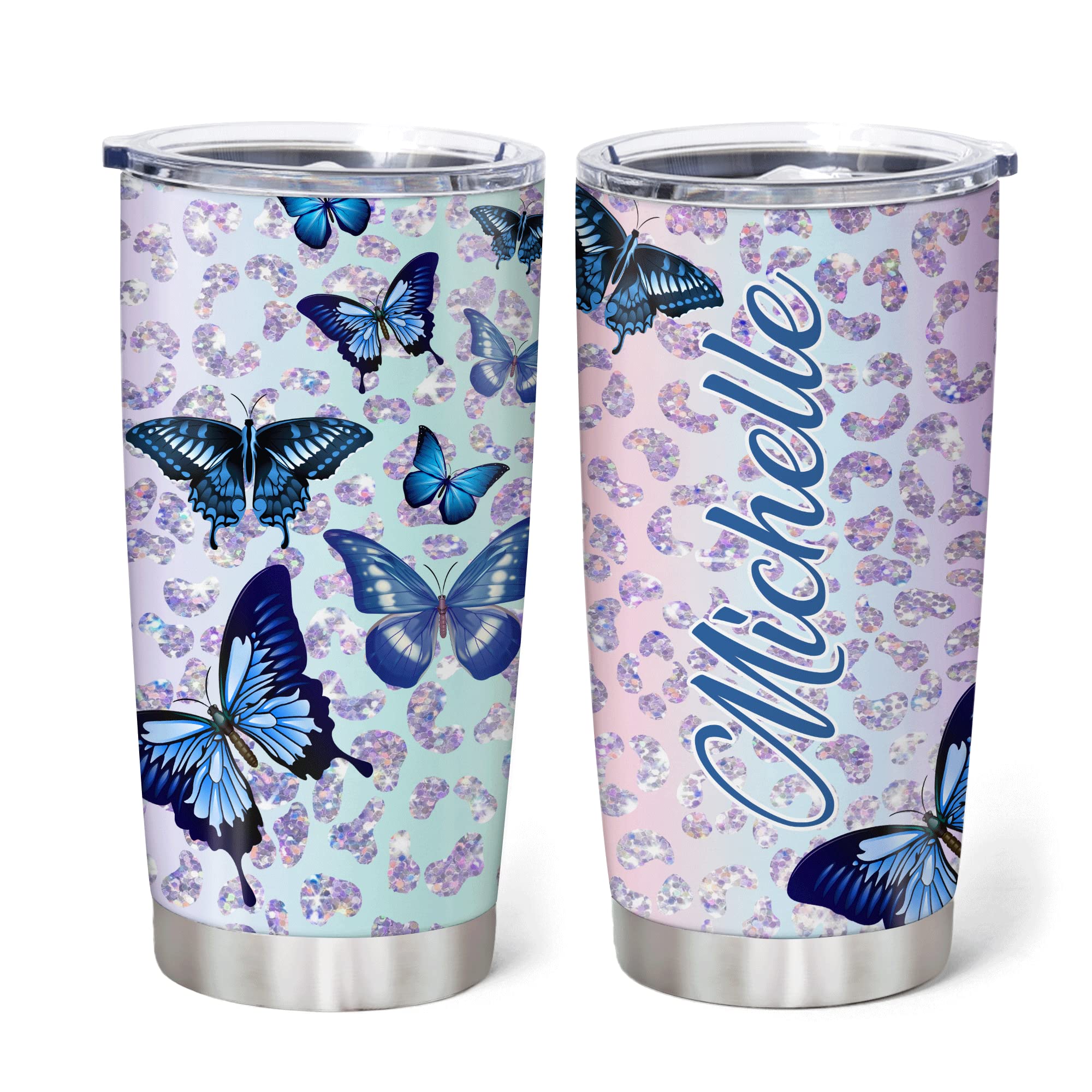 Hyturtle Personalized Gifts For Butterfly Lover - Butterflies Prints Custom Name Stainless Steel Tumbler 20oz With Lid - Idea Butterfly Lover Gifts For Women Girl Kids On Birthday, Christmas