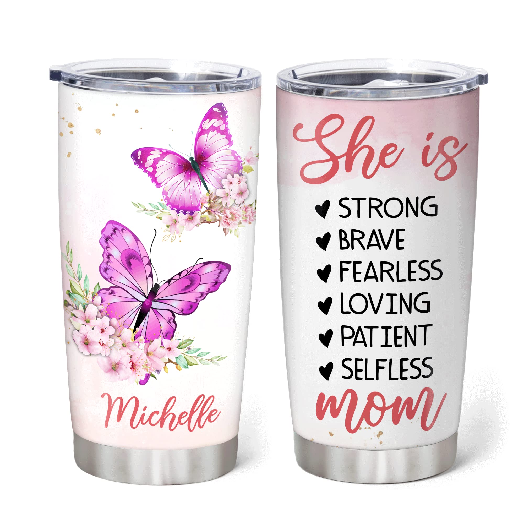 Hyturtle Personalized Gifts For Butterfly Lover - Birthday Christmas - She Is Mom Butterflies Print Custom Name Stainless Steel Tumbler 20oz With Lid - Gifts For Her Women Girl Friend Mom