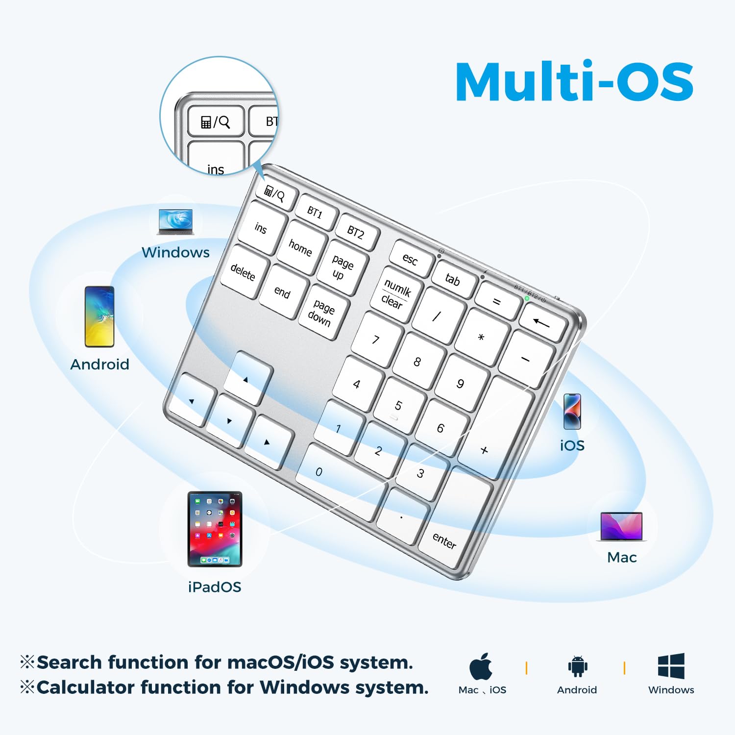 Number Pad for Laptop, iClever Bluetooth Number Pad, USB-C Charge, Aluminum Build, Multi-Device Wireless Number pad for Data Entry, Compatible with Mac, iMac, Tablet, Laptop, PC Desktop