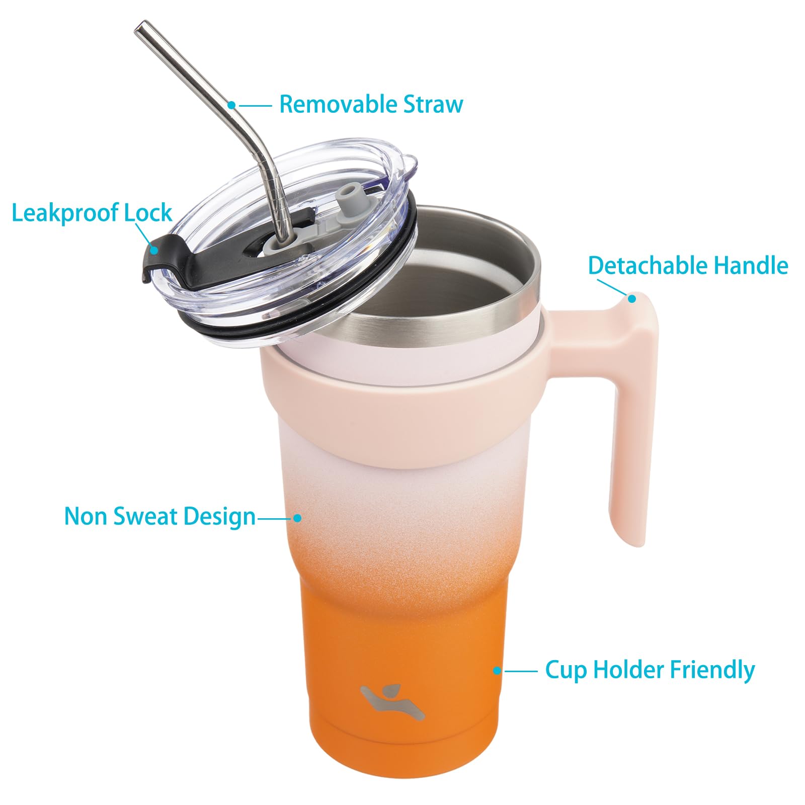 Konokyo 20 oz Tumbler with Handle and 2 Straw 2 Lid, Insulated Water Bottle Stainless Steel Vacuum Cup Reusable Travel Mug,Coral