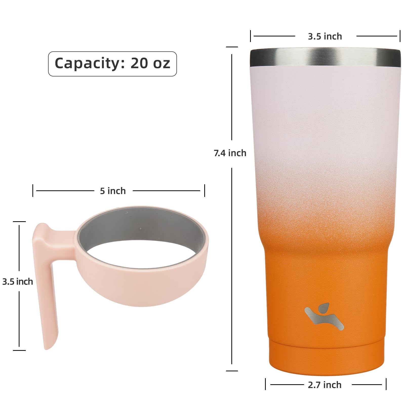 Konokyo 20 oz Tumbler with Handle and 2 Straw 2 Lid, Insulated Water Bottle Stainless Steel Vacuum Cup Reusable Travel Mug,Coral