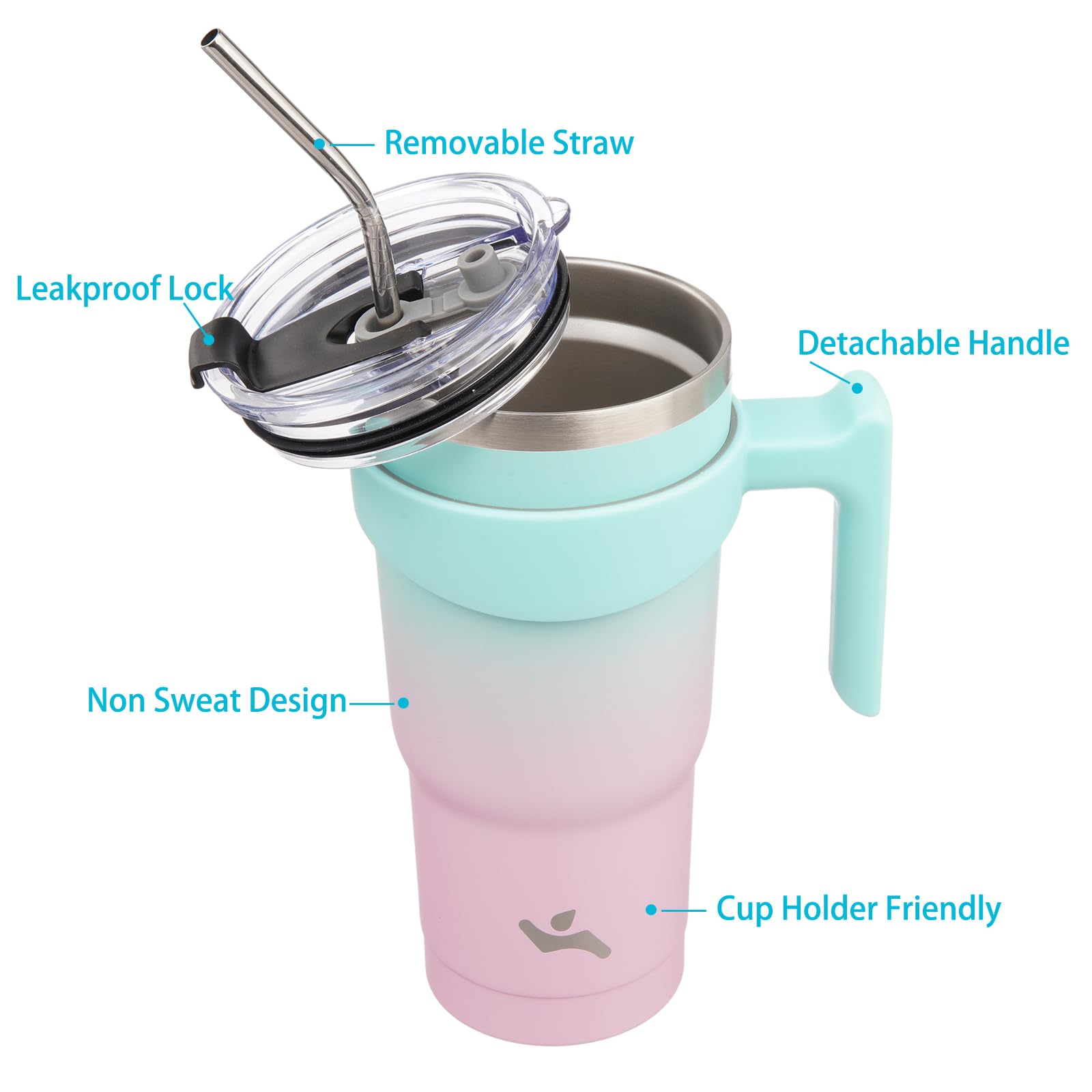 Konokyo 20 oz Tumbler with Handle and 2 Straw 2 Lid, Insulated Water Bottle Stainless Steel Vacuum Cup Reusable Travel Mug,Gum