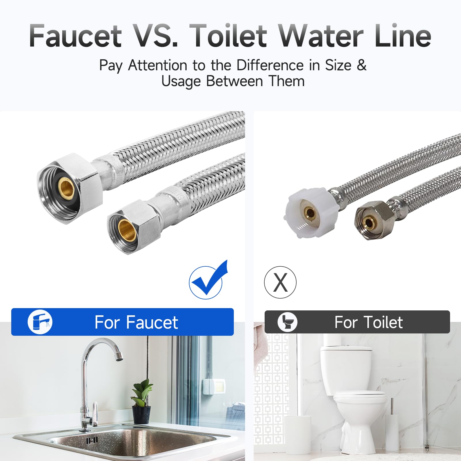 JUWO 60" Faucet Supply Line, 3/8" Comp x 1/2" FIP Stainless Steel Kitchen Faucet Hose Connector, For Large Residence or Outdoor Use with Extra Long Distance (2-Pack)