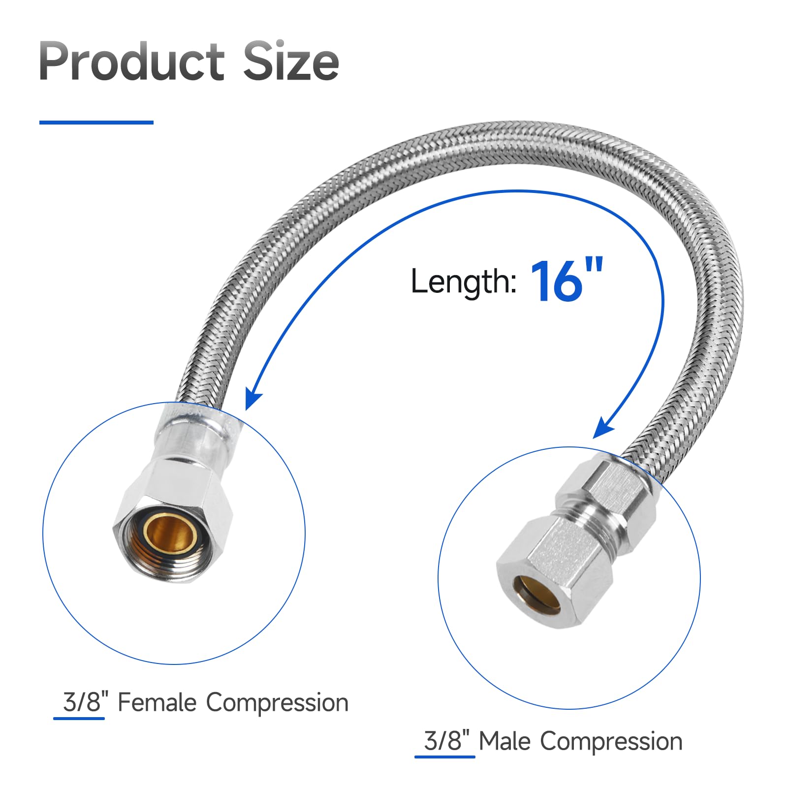 JUWO 16" Faucet Supply Line Extension, 3/8" x 3/8" Comp Stainless Steel Faucet Extension Hose Connector, For Large Sink or Longer Distance Extention