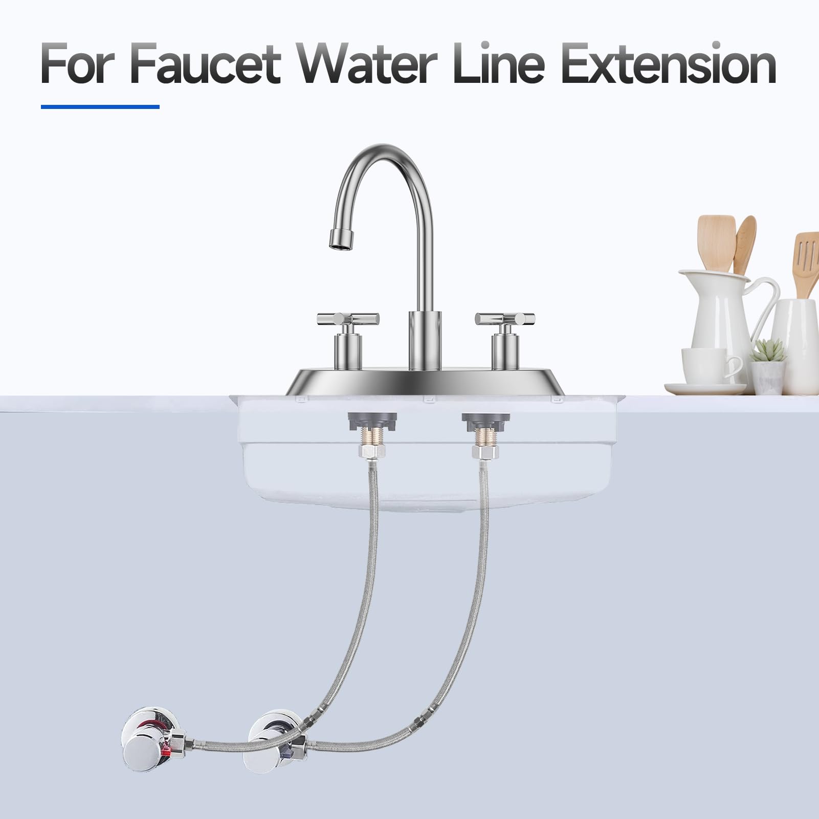 JUWO 16" Faucet Supply Line Extension, 3/8" x 3/8" Comp Stainless Steel Faucet Extension Hose Connector, For Large Sink or Longer Distance Extention