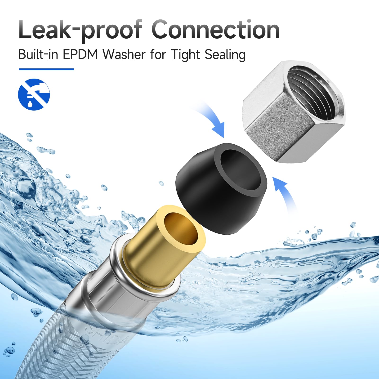 JUWO 16" Faucet Supply Line Extension, 3/8" x 3/8" Comp Stainless Steel Faucet Extension Hose Connector, For Large Sink or Longer Distance Extention