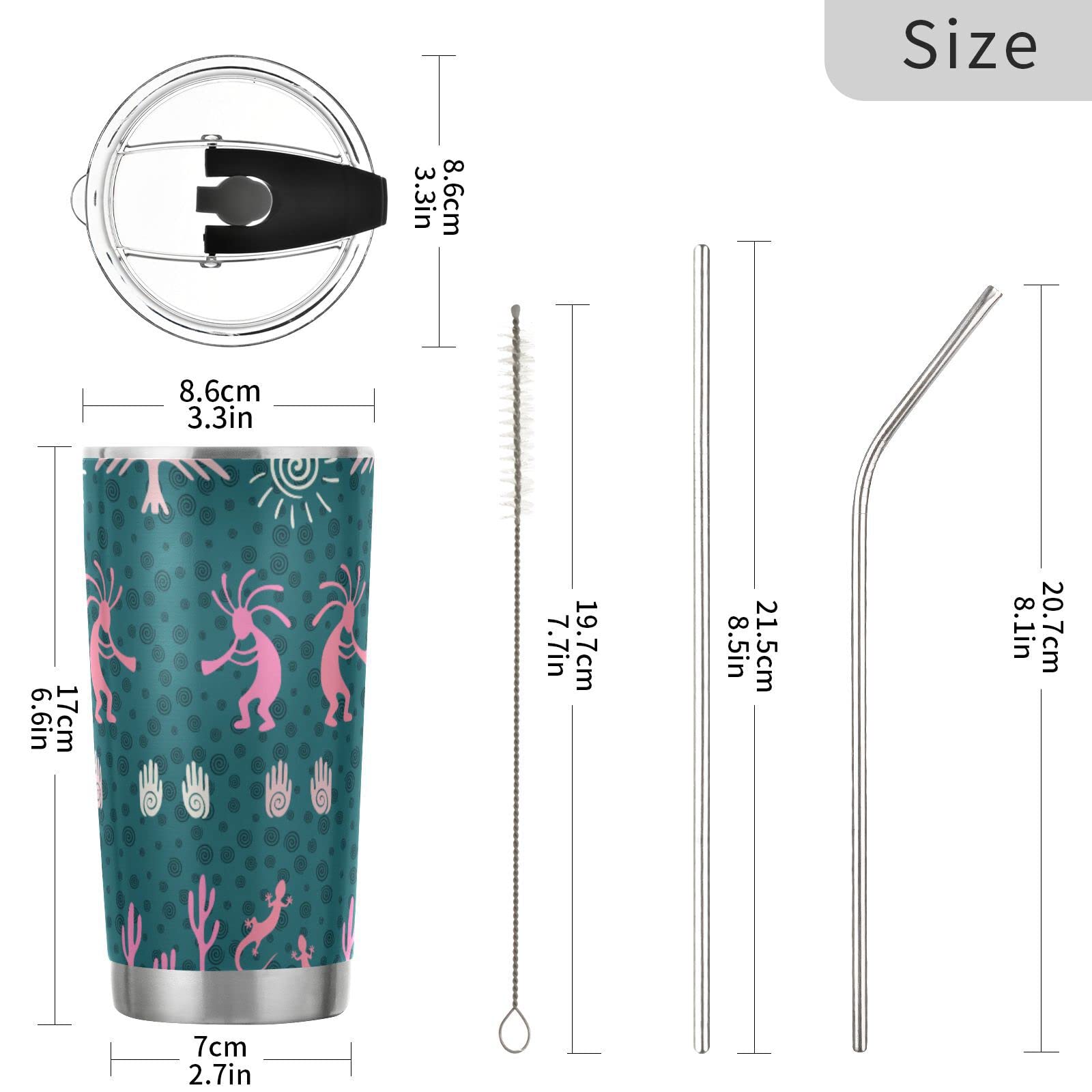 Yasala Tumbler Kokopelli Gecko Cacti Sun Fertility Pink Insulated Coffee Cup Driver Beverage Container Office Travel Mug with Straw and Lid 20oz Back to School Gift