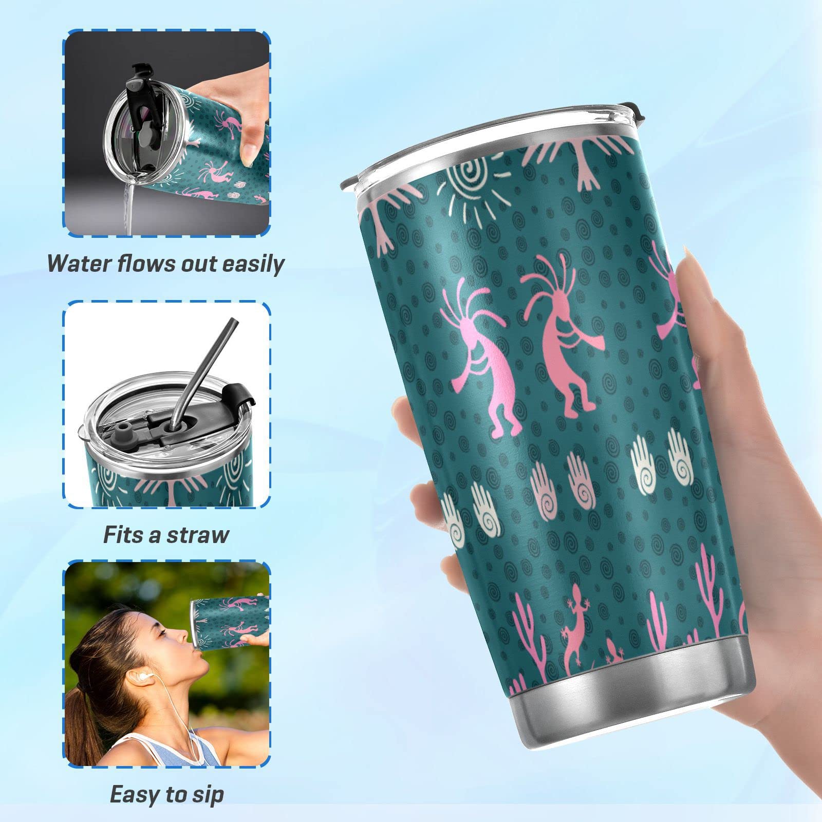 Yasala Tumbler Kokopelli Gecko Cacti Sun Fertility Pink Insulated Coffee Cup Driver Beverage Container Office Travel Mug with Straw and Lid 20oz Back to School Gift