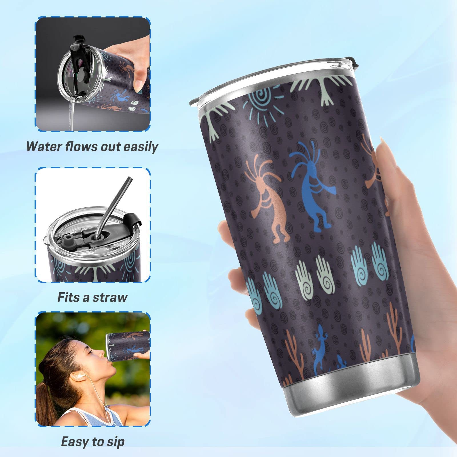 Yasala Tumbler Kokopelli Gecko Cacti Sun Fertility Blue Orange Insulated Coffee Cup Driver Beverage Container Office Travel Mug with Straw and Lid 20oz Back to School Gift
