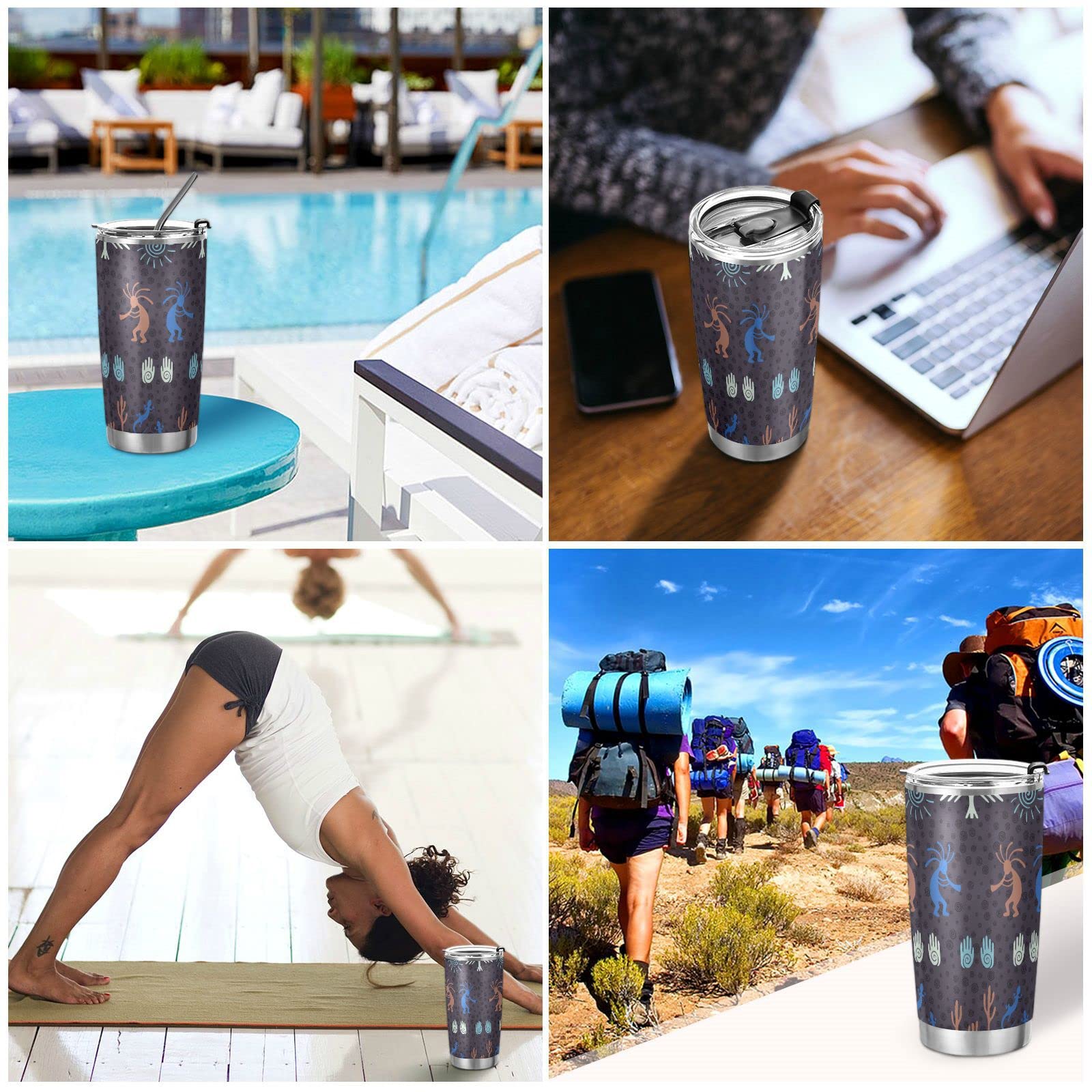 Yasala Tumbler Kokopelli Gecko Cacti Sun Fertility Blue Orange Insulated Coffee Cup Driver Beverage Container Office Travel Mug with Straw and Lid 20oz Back to School Gift