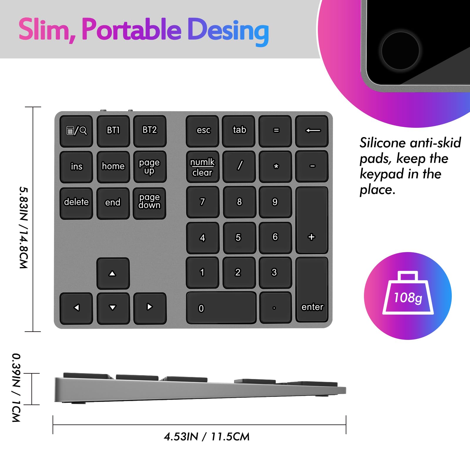 Foloda Bluetooth Number Pad: Wireless BT Numeric Keypad, Multi-Devices Rechargeable USB C Numpad, 34 Keys Financial Accounting Extensions Data Entry Keyboard for Laptop, PC, iMac, MacBook, Notebook