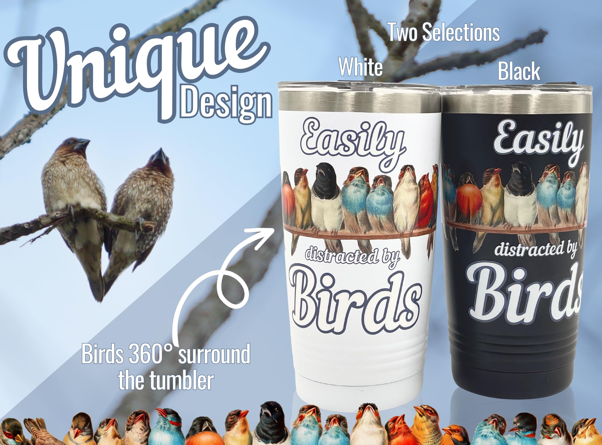 Onebttl Bird Watching Tumbler for Lovers & Watchers, 20oz Stainless Steel Insulated With Lid & Straw, Gift Card & Box Included, Birthday Gift - 360 White