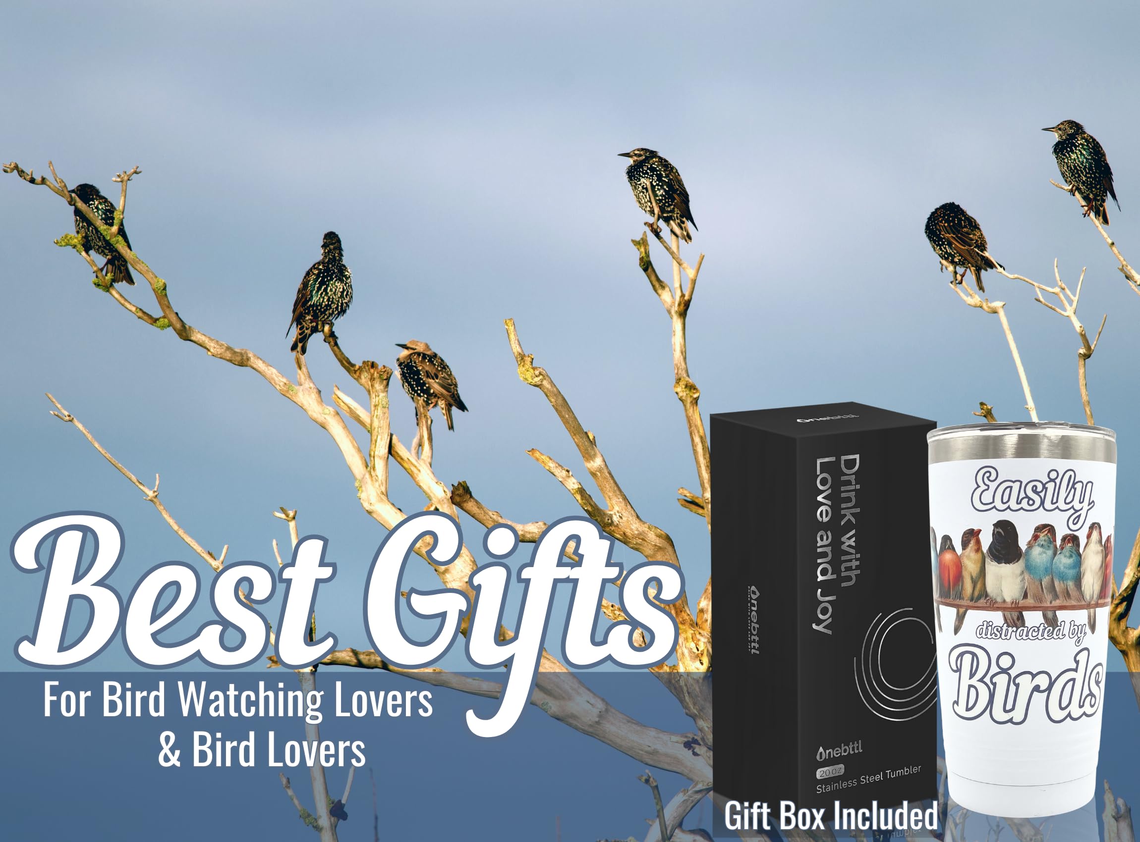 Onebttl Bird Watching Tumbler for Lovers & Watchers, 20oz Stainless Steel Insulated With Lid & Straw, Gift Card & Box Included, Birthday Gift - 360 White