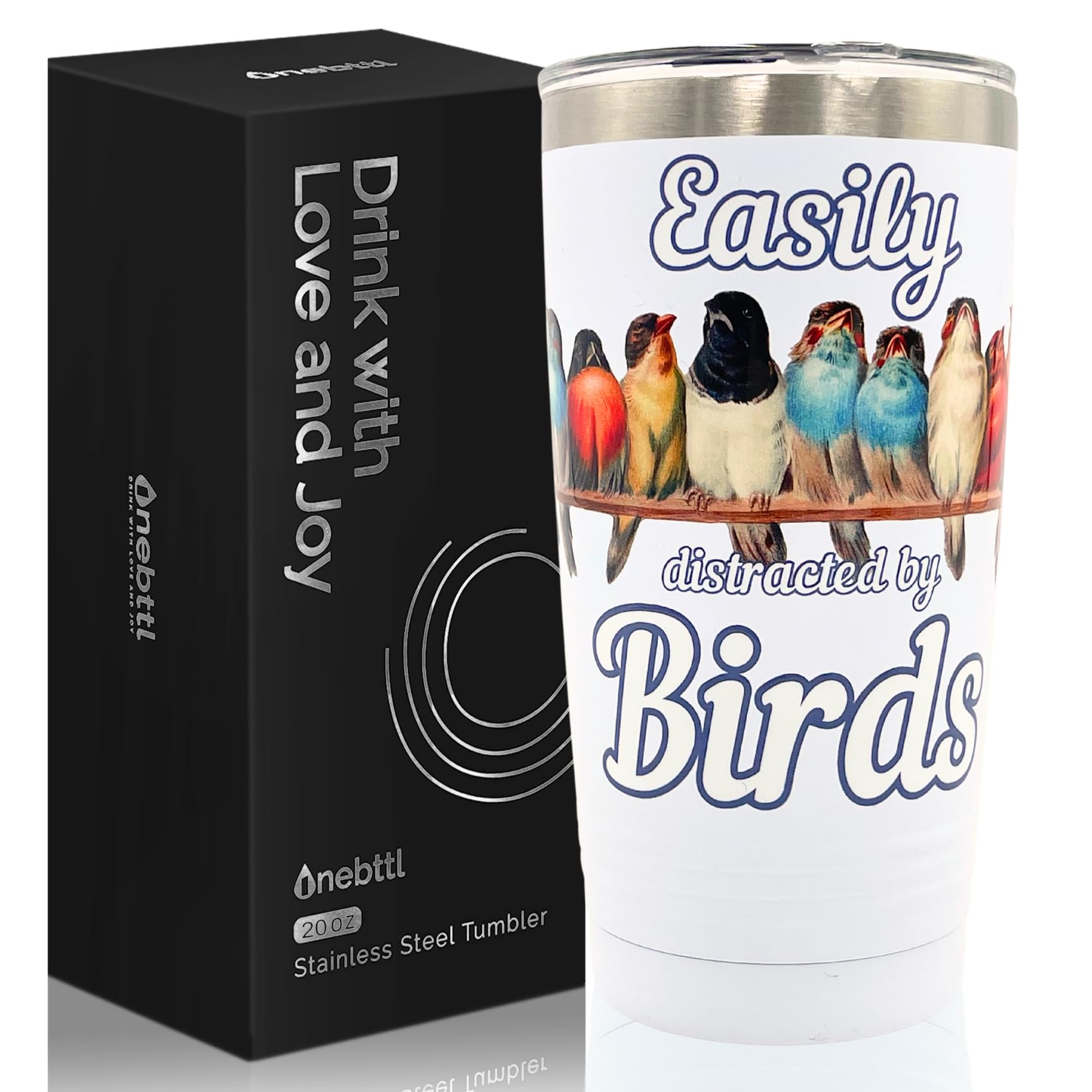 Onebttl Bird Watching Tumbler for Lovers & Watchers, 20oz Stainless Steel Insulated With Lid & Straw, Gift Card & Box Included, Birthday Gift - 360 White