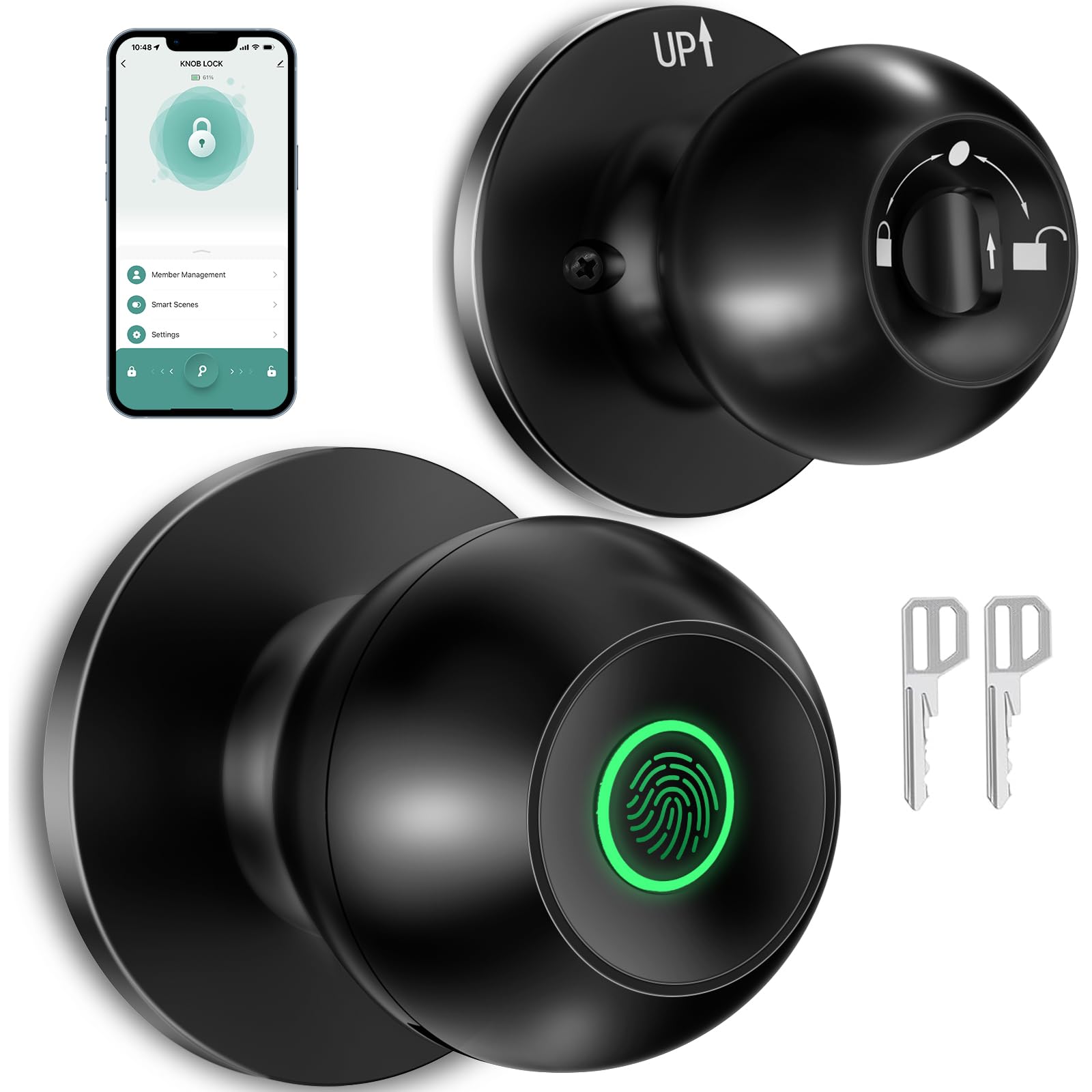 HEI LIANG Fingerprint Door Lockļ¼Smart Door Knob, Smart Lock Biometric Door Lock Fingerprint Door knob with App Control Suitable for Bedroom,Utility Room,Apartments Offices,Hotels(Black)