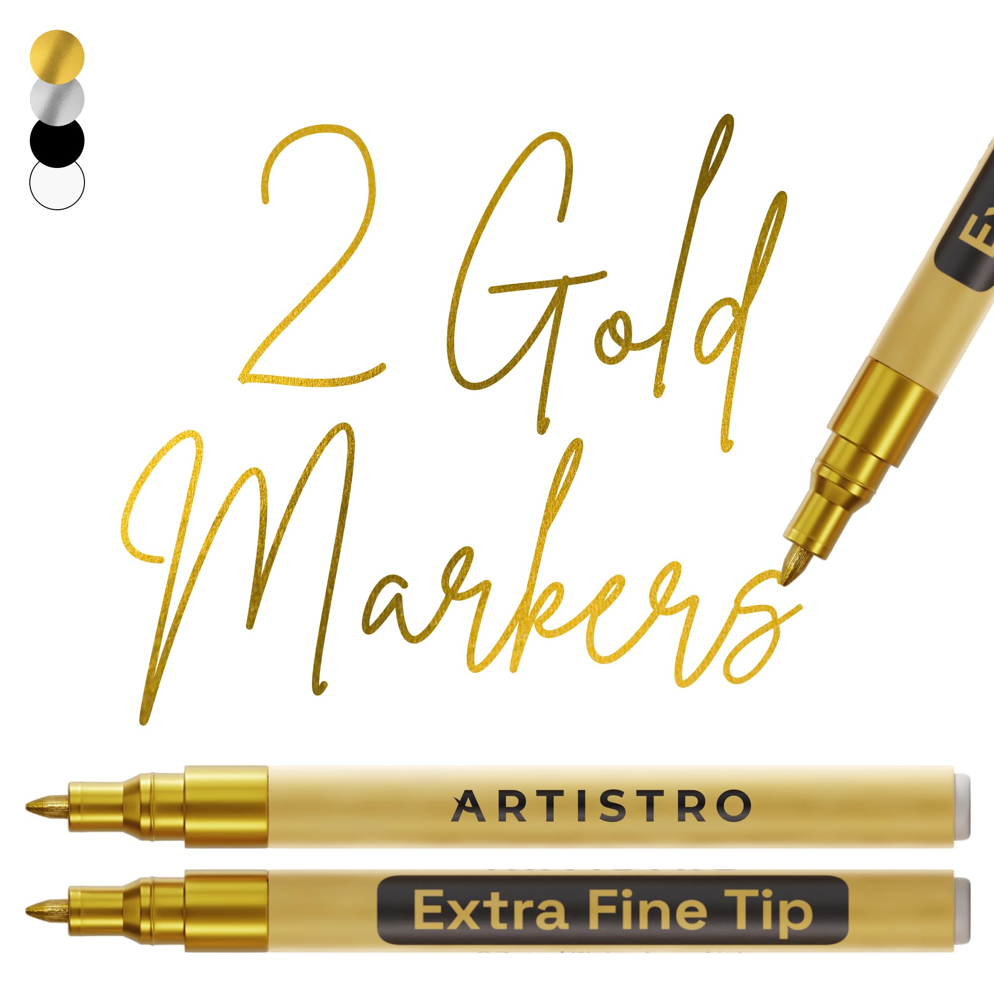 ARTISTRO 2 Acrylic Paint Pens for Rock Painting Ceramic Wood Glass Tire Plastic, Fabric Marker Paint Markers Ideal for Labeling DIY Crafts Art Projects, 0.7mm Extra Fine Tip, Gold
