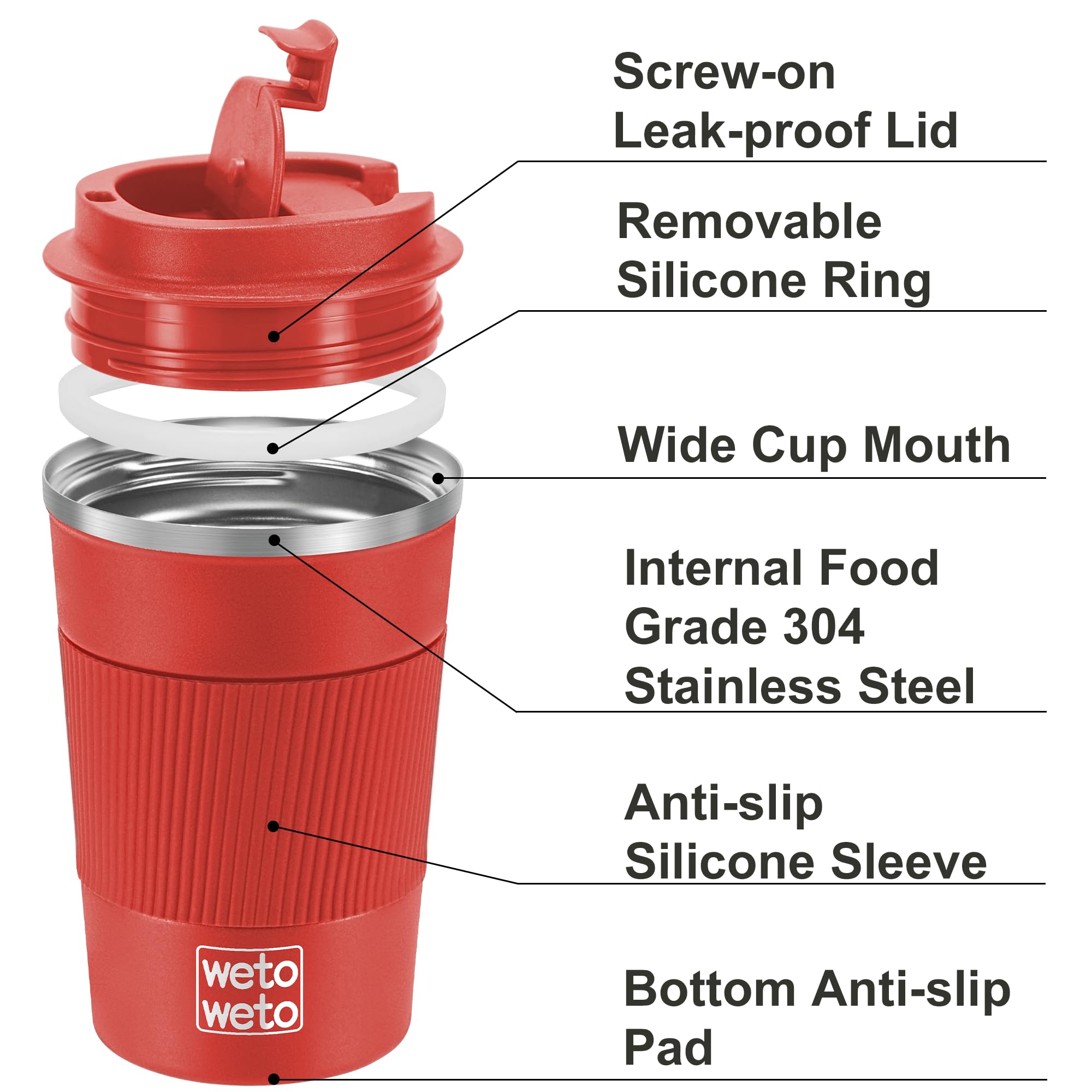 WETOWETO 12oz Reusable Coffee Cup, Coffee Travel Mug with Lid, Spill Proof Thermal Mug, Double-Walled Insulated Cup, Stainless Steel Portable Cup for Hot and Cold Drinks(Red)