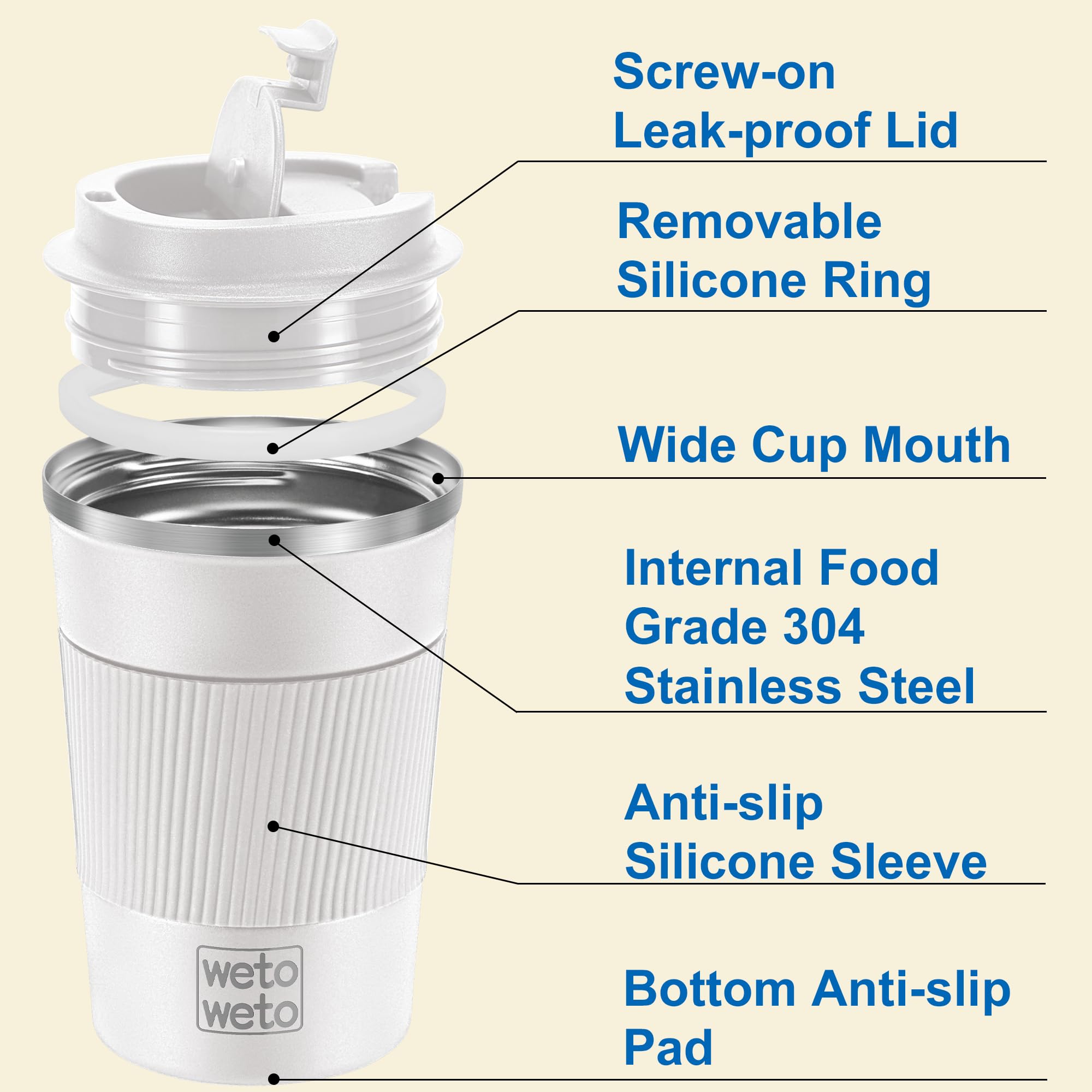 WETOWETO 12oz Travel Mug, Insulated Reusable Coffee Cup with Leak Proof Lid, Stainless Steel Travel Coffee Mug Portable Coffee Mug for Hot and Cold Water Coffee(White)
