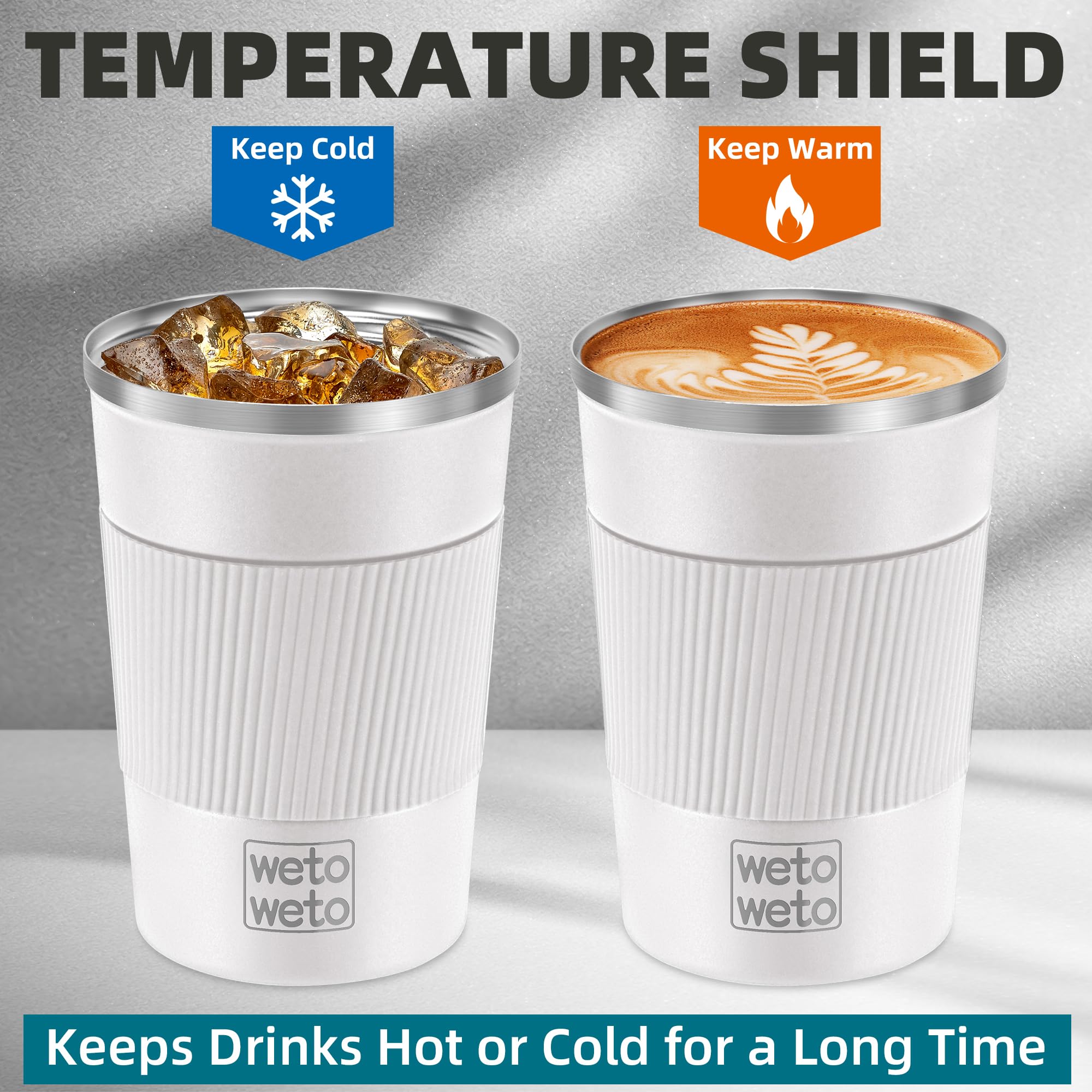 WETOWETO 12oz Travel Mug, Insulated Reusable Coffee Cup with Leak Proof Lid, Stainless Steel Travel Coffee Mug Portable Coffee Mug for Hot and Cold Water Coffee(White)