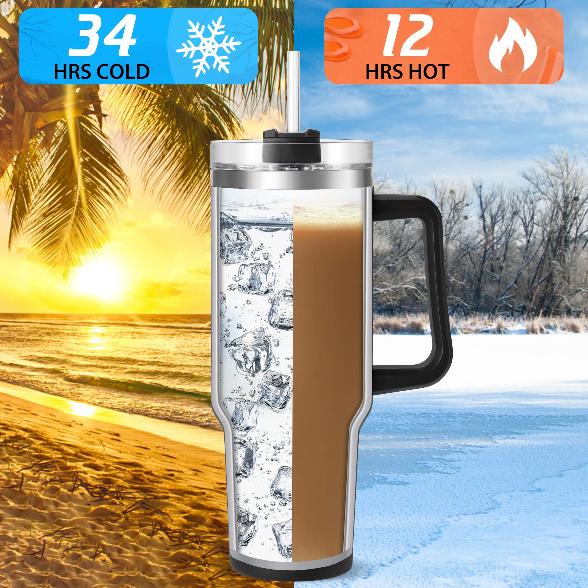 TaroKitc 40 oz Tumbler with Handle | Stainless Steel Insulated Travel Mug Iced Coffee Cup with Lids and Straw | Keeps Drinks Cold for 34 Hours | Dishwasher Safe, BPA Free | BLACK