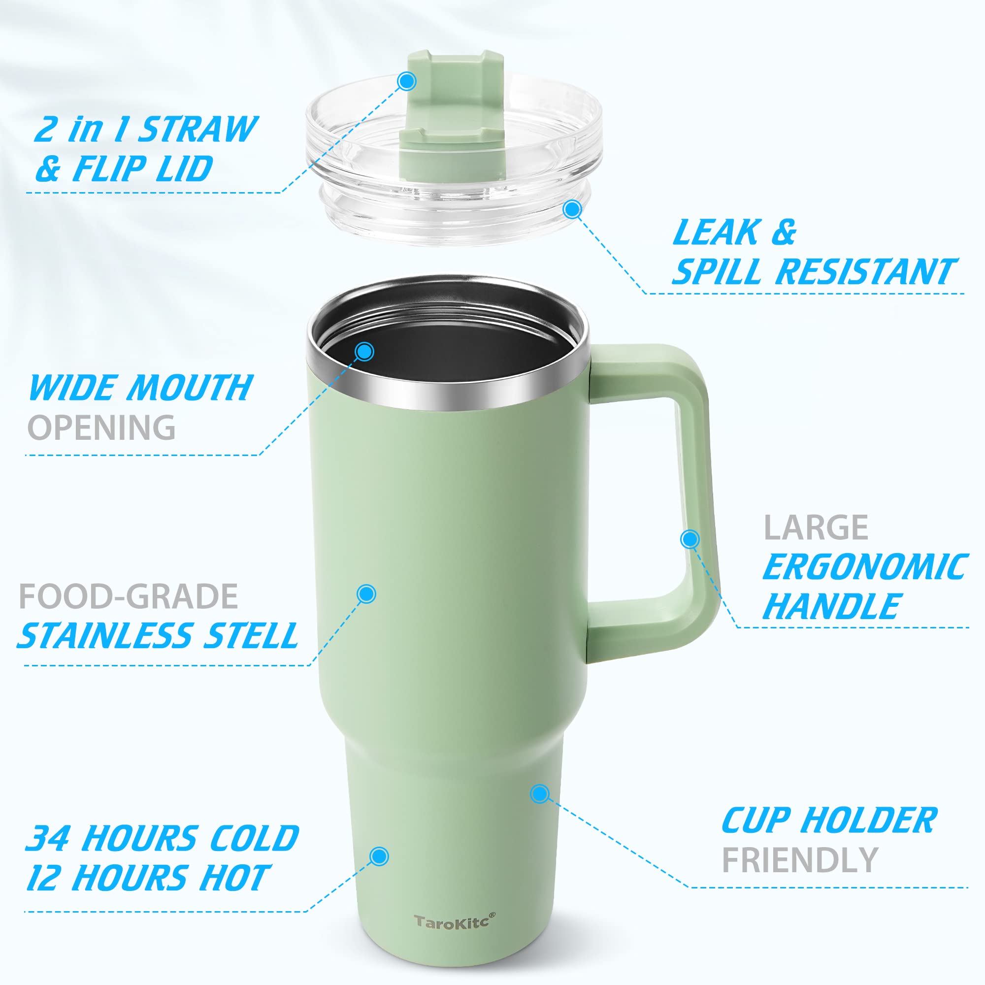 TaroKitc 40 oz Tumbler with Handle | Stainless Steel Insulated Travel Mug Iced Coffee Cup with Lids and Straw | Keeps Drinks Cold for 34 Hours | Dishwasher Safe, BPA Free | BLACK