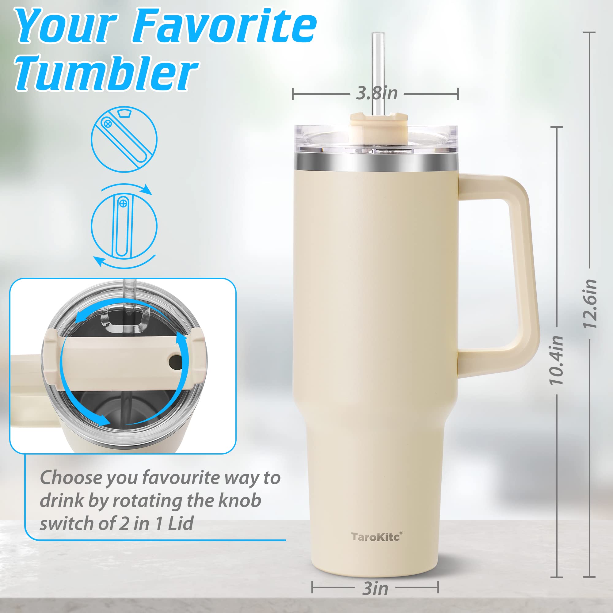 TaroKitc 40 oz Tumbler with Handle | Stainless Steel Insulated Travel Mug Iced Coffee Cup with Lids and Straw | Keeps Drinks Cold for 34 Hours | Dishwasher Safe, BPA Free | BLACK