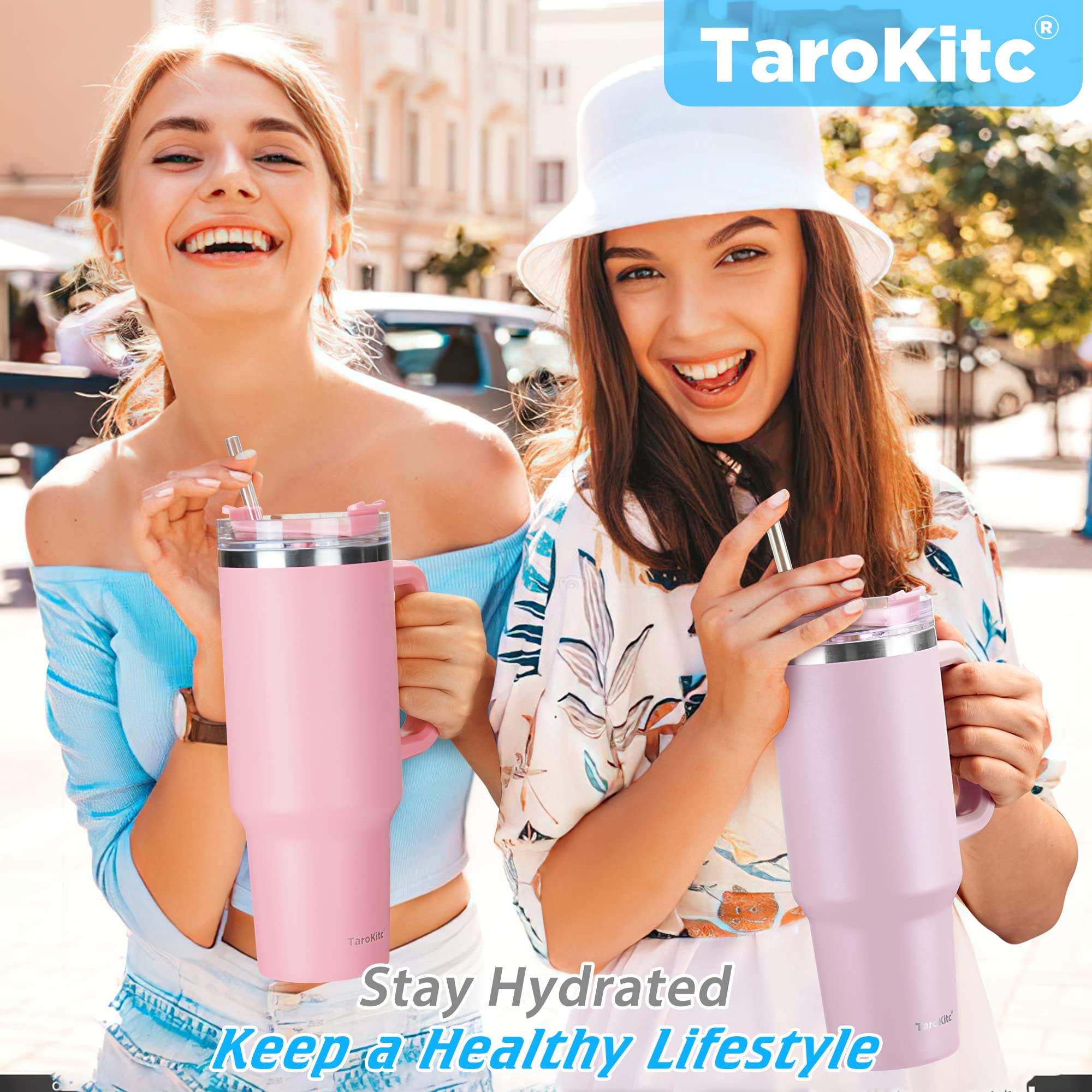 TaroKitc 40 oz Tumbler with Handle | Stainless Steel Insulated Travel Mug Iced Coffee Cup with Lids and Straw | Keeps Drinks Cold for 34 Hours | Dishwasher Safe, BPA Free | BLACK