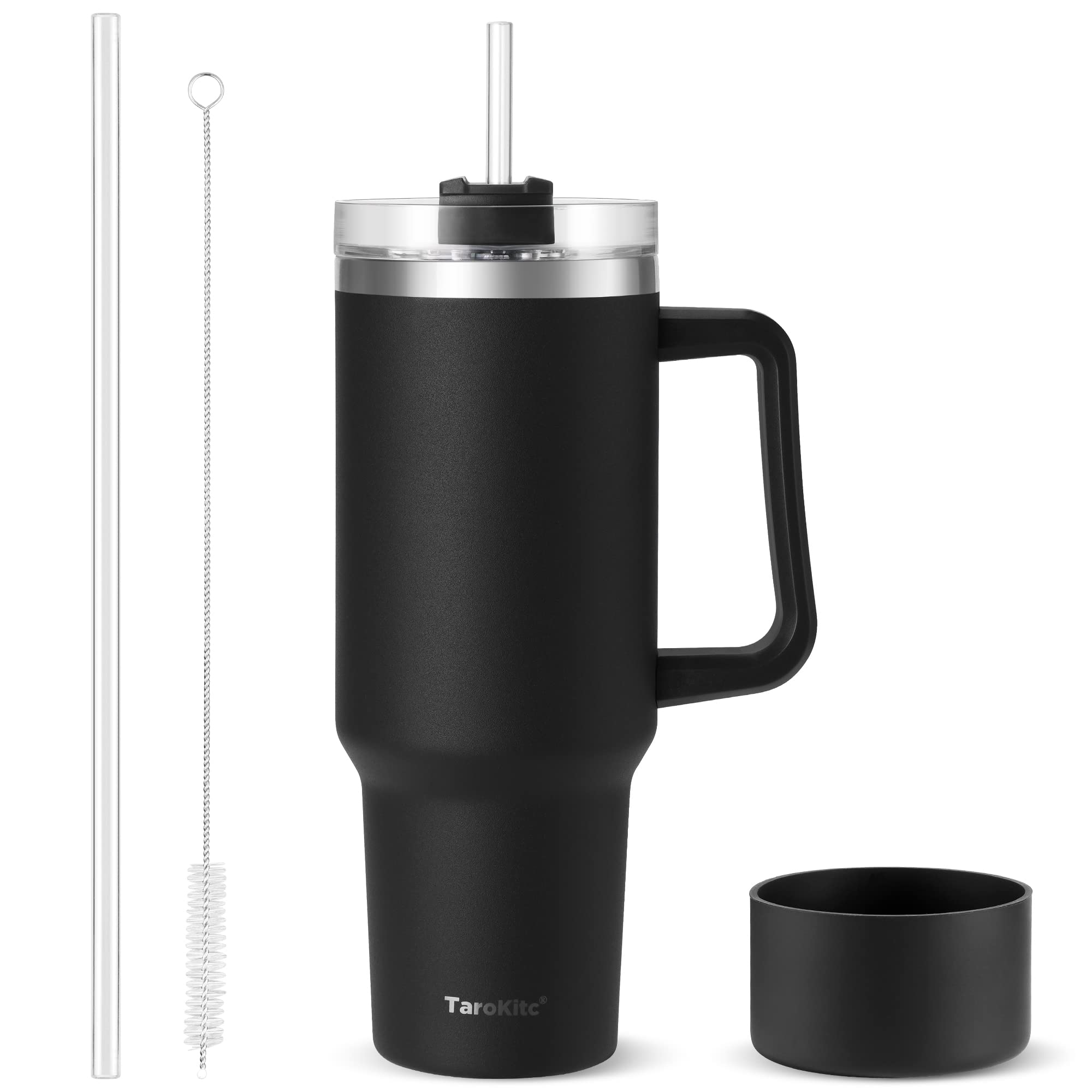 TaroKitc 40 oz Tumbler with Handle | Stainless Steel Insulated Travel Mug Iced Coffee Cup with Lids and Straw | Keeps Drinks Cold for 34 Hours | Dishwasher Safe, BPA Free | BLACK