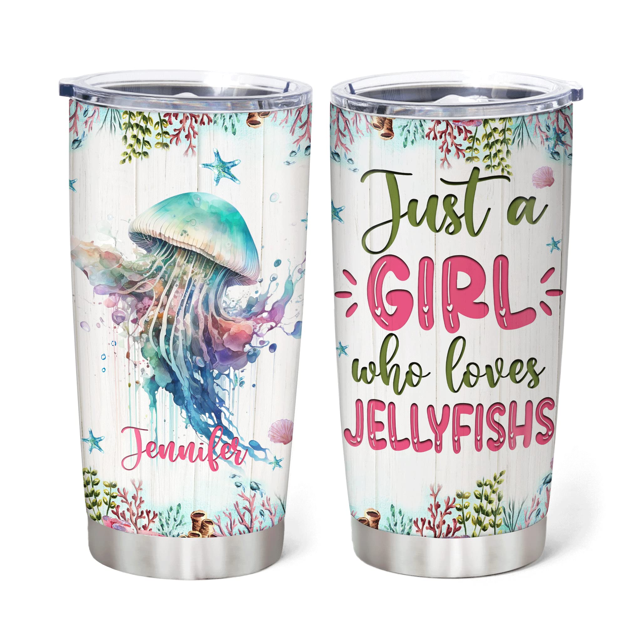 Hyturtle Personalized Gifts For Jellyfish Lover - Just A Girl Who Loves Jellyfishs Custom Name Stainless Steel Tumbler 20oz With Lid - Idea Ocean Animal Lover Gifts For Women Girl On Birthday