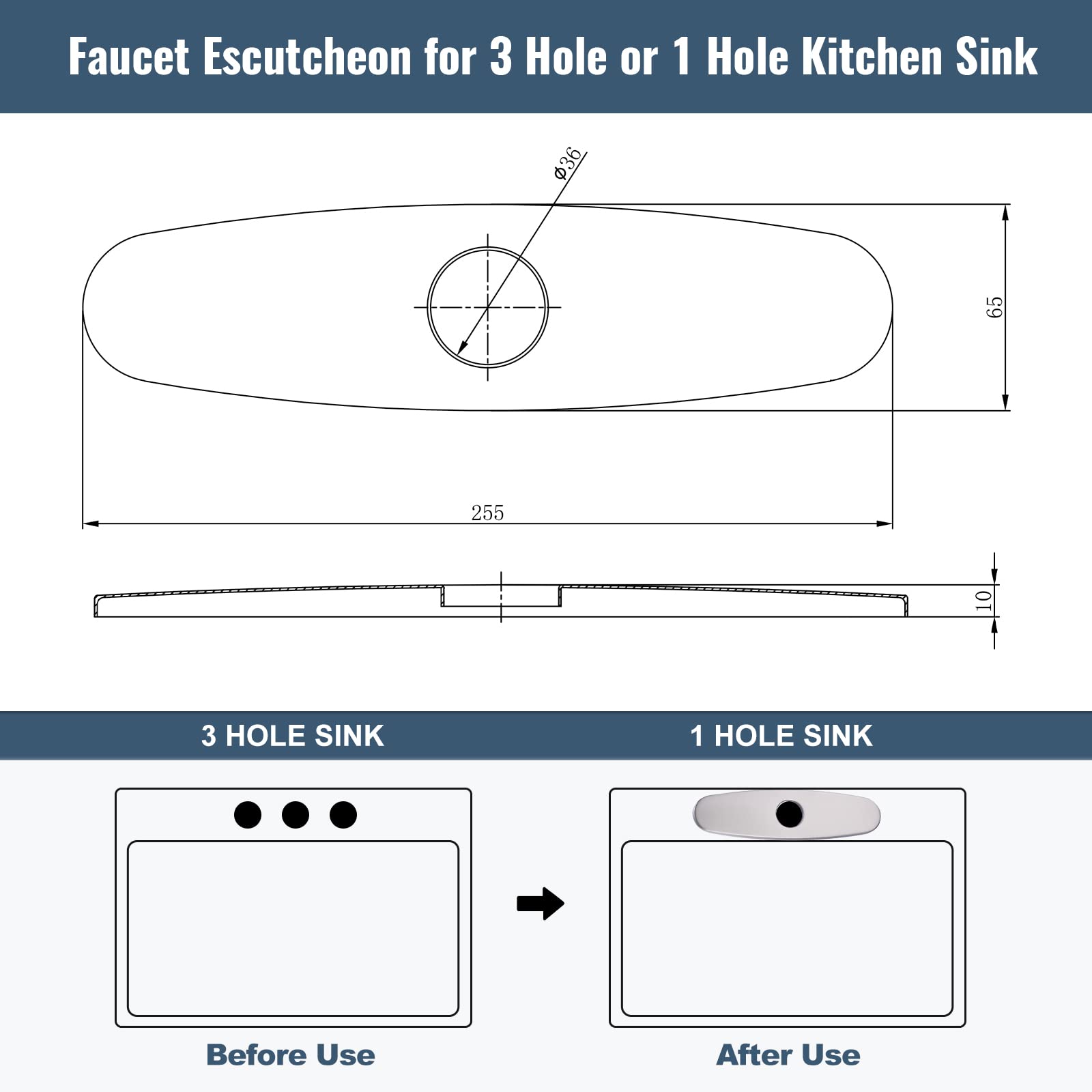 Faucet Plate, ALEASHA Kitchen Sink Cover Stainless Steel Plate for 1 or 3 Hole Bathroom or Kitchen Sink Faucet 10 Inch Escutcheon Hole Covers Polished (Brushed Nickel)