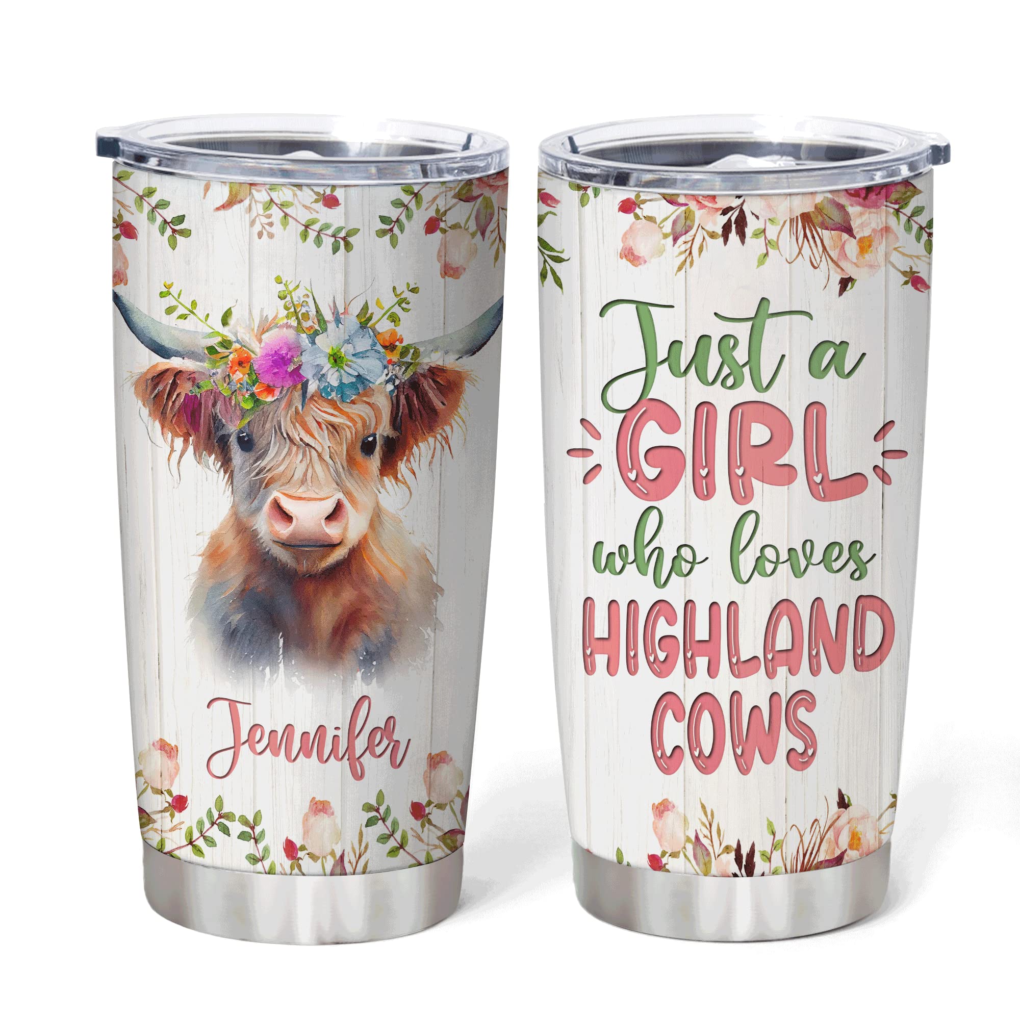 Hyturtle Personalized Gifts For Highland Cow Lover - Birthday Christmas - Just A Girl Who Loves Highland Cows Custom Name Stainless Steel Tumbler 20oz With Lid - Animal Lover Gifts For Her Women Girl