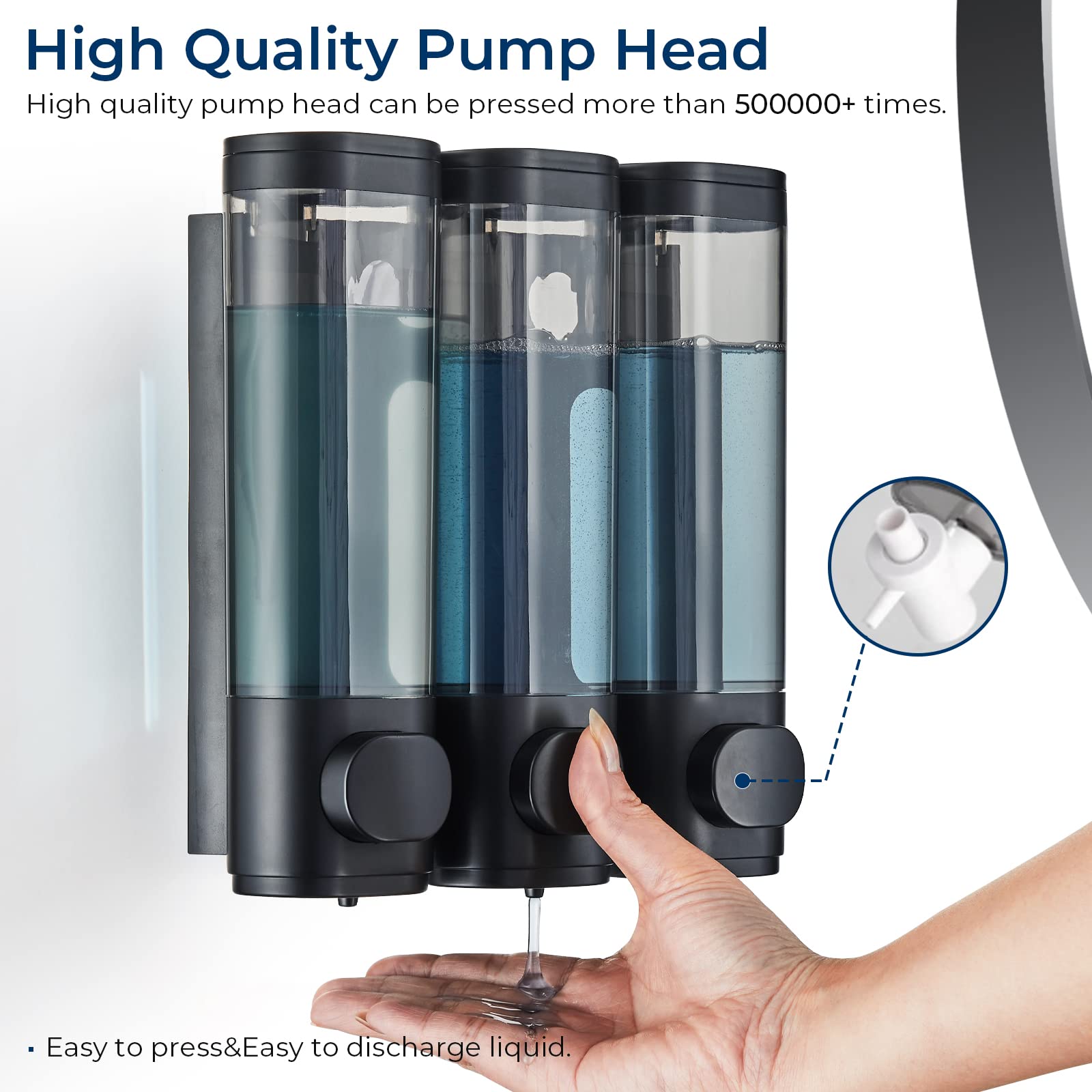 Shampoo and Conditioner Dispenser, Pollock Shower Dispenser 3 Chamber No Drill Shampoo Dispenser for Shower Wall Mounted Shampoo Conditioner Body Wash Dispenser for Bathroom,Large Capacity,Black