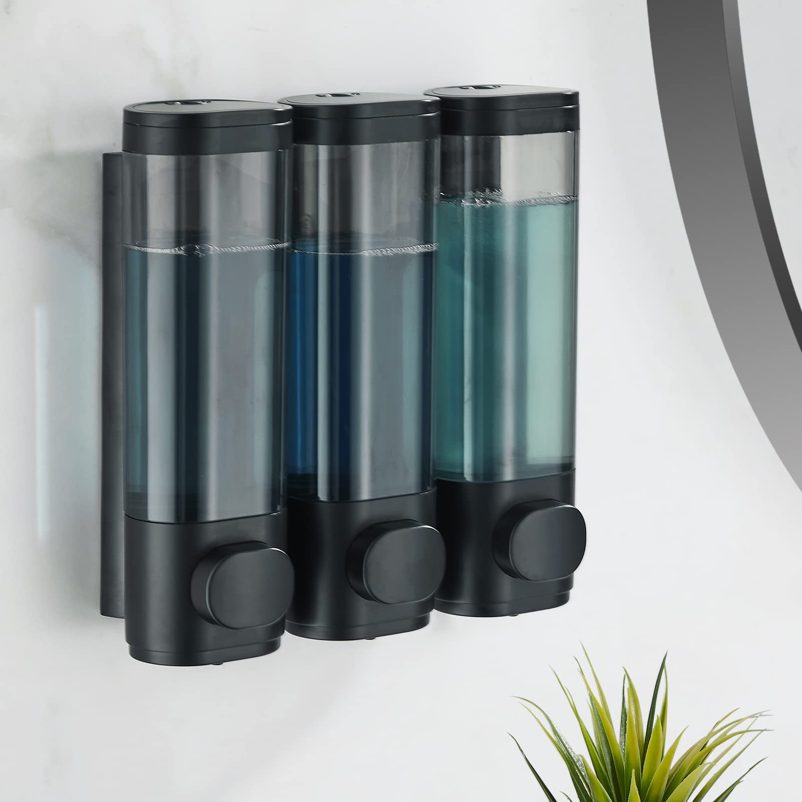 Shampoo and Conditioner Dispenser, Pollock Shower Dispenser 3 Chamber No Drill Shampoo Dispenser for Shower Wall Mounted Shampoo Conditioner Body Wash Dispenser for Bathroom,Large Capacity,Black