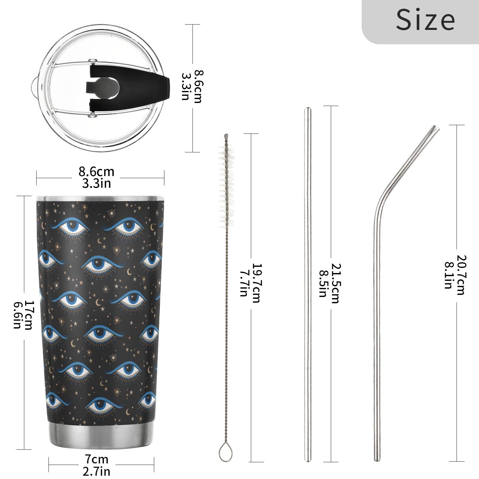 Evil Eye Vector Stainless Tumbler Insulated Coffee Cups with Lid and Straw Travel Mug for Hot and Cold Drinks 20oz