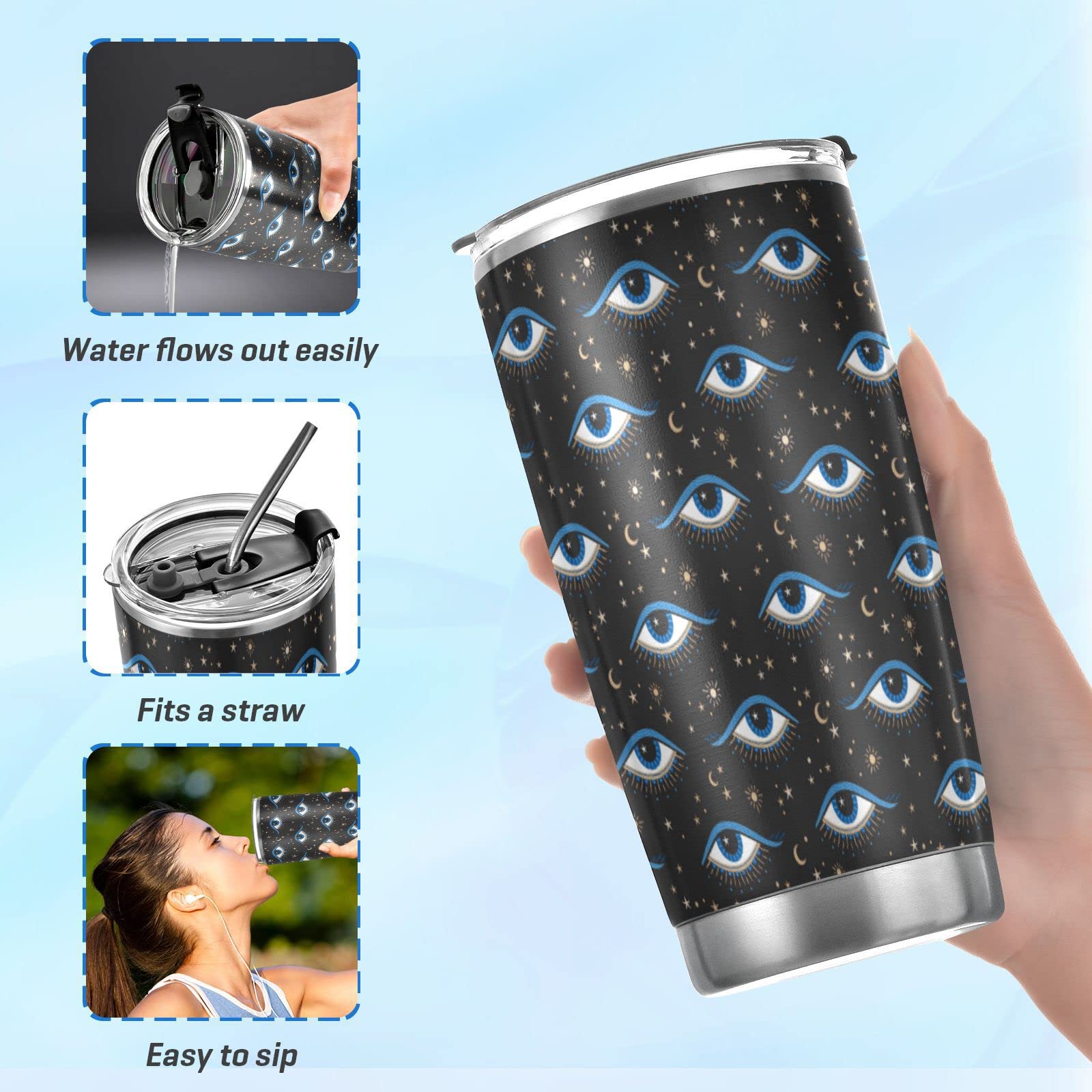 Evil Eye Vector Stainless Tumbler Insulated Coffee Cups with Lid and Straw Travel Mug for Hot and Cold Drinks 20oz
