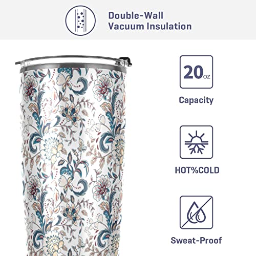 Retro Flower White Stainless Tumbler Insulated Coffee Cups with Lid and Straw Travel Mug for Hot and Cold Drinks 20oz