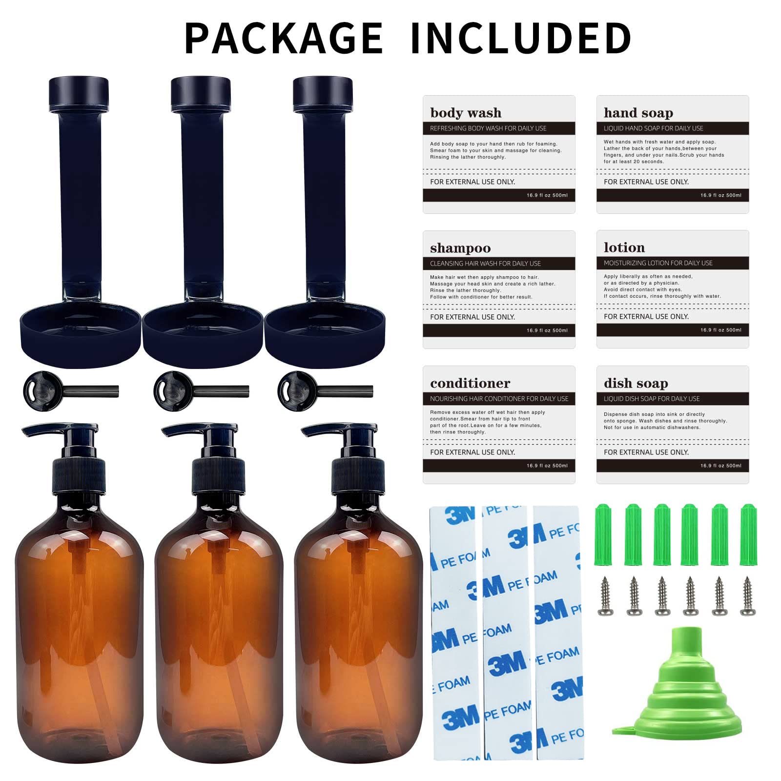 Wall Mounted Shower Soap Dispensers, Modern Shampoo and Conditioner Pump Bottles, Refillable Shower Pump Bottles for Bathroom (3 Pack)