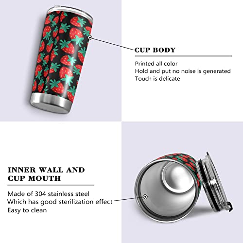 Black Strawberry Stainless Tumbler Insulated Coffee Cups with Lid and Straw Travel Mug for Hot and Cold Drinks 20oz